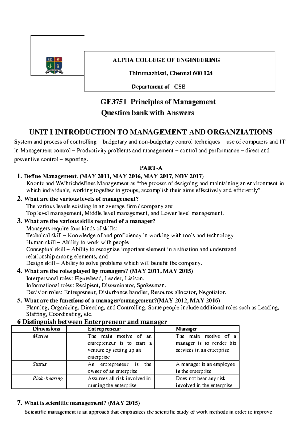 GE3751 Principles of Management Question Bank with Answers - Studocu