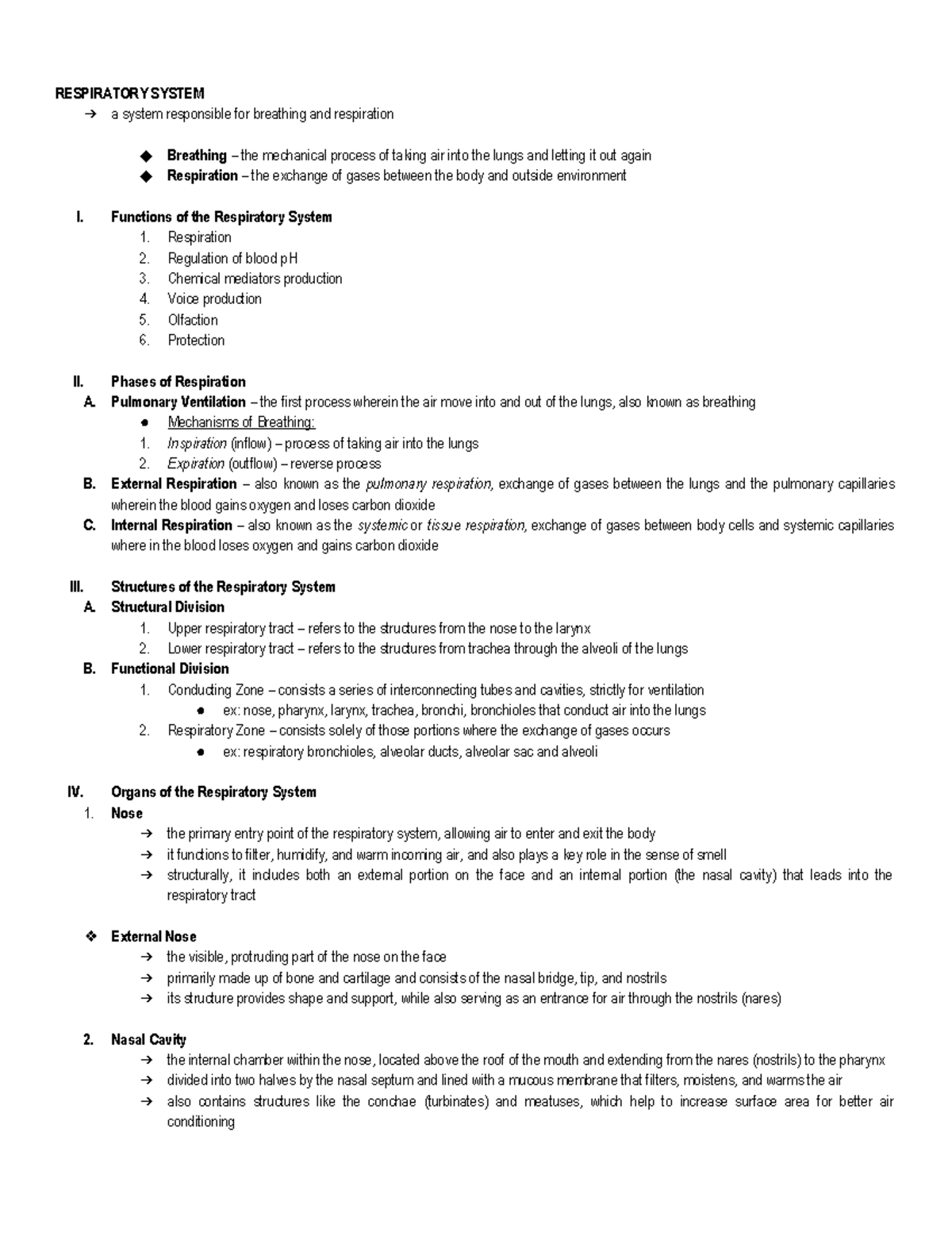 Respiratory System Outline - RESPIRATORY SYSTEM a system responsible ...