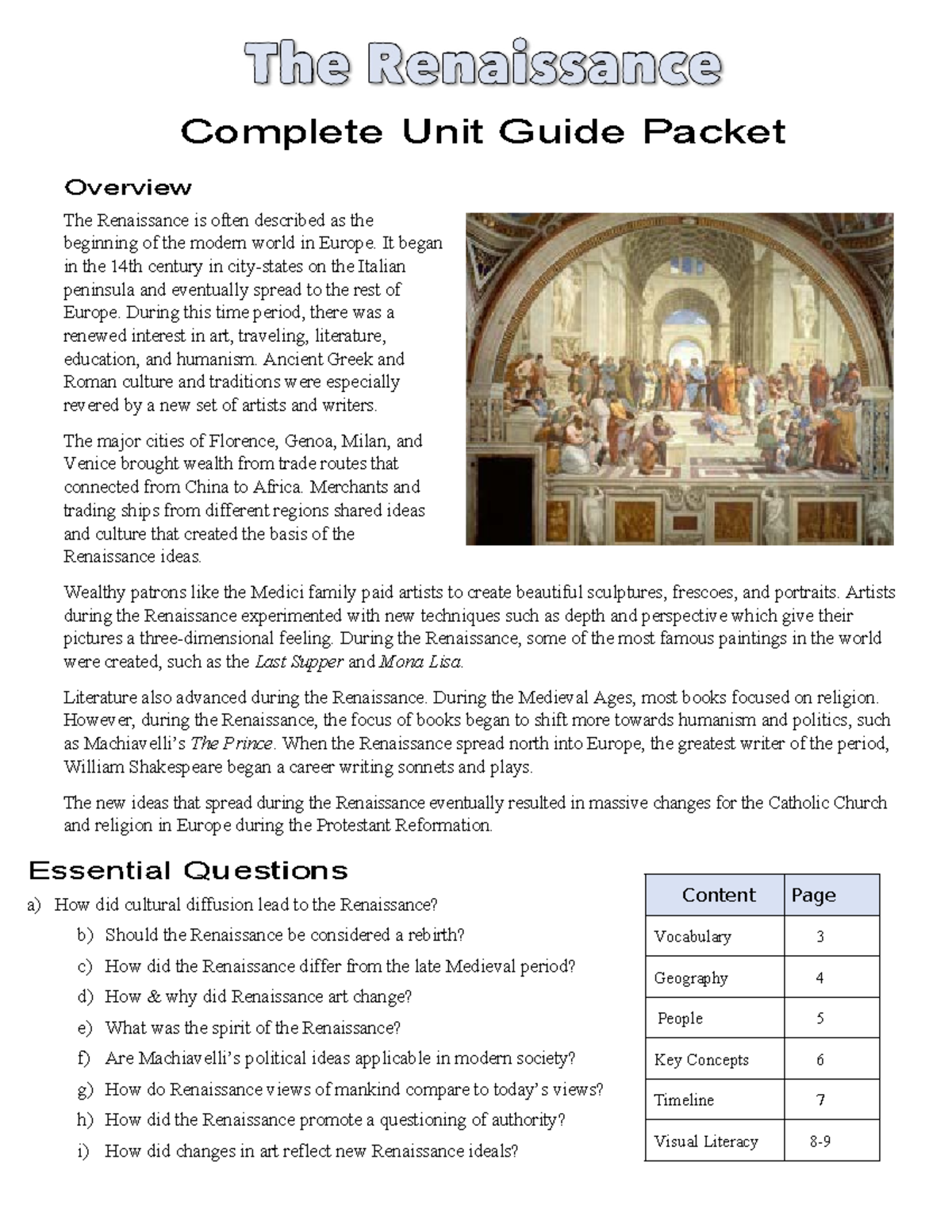 Renaissance Unit Guide Packet (HIST 101) - Comprehensive Study Notes ...