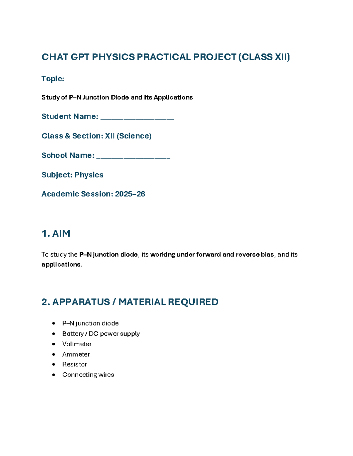 CHAT GPT PHYSICS PRACTICAL PROJECT (CLASS XII) - JUNCTION DIODE - Studocu
