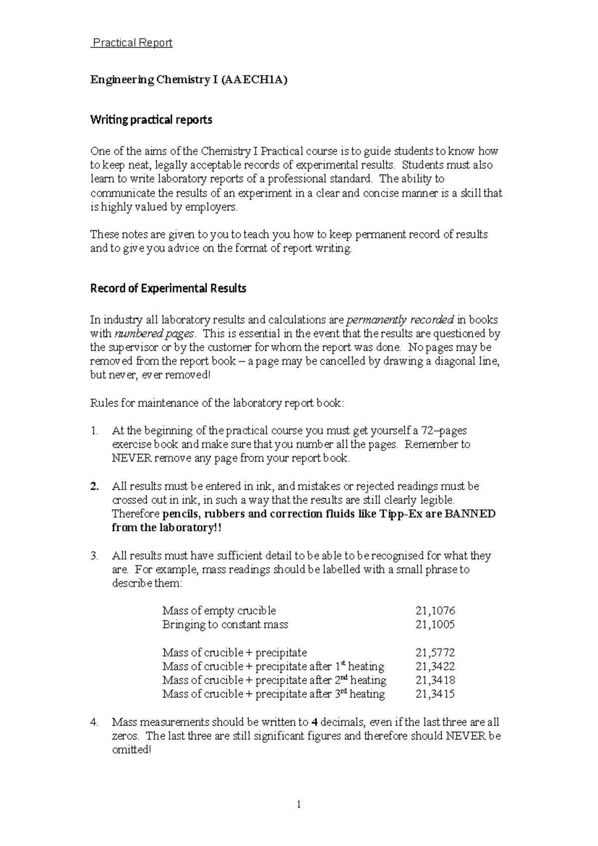 Engineering Chemistry I (AAECH1A) Practical Report Guidelines 2025 ...