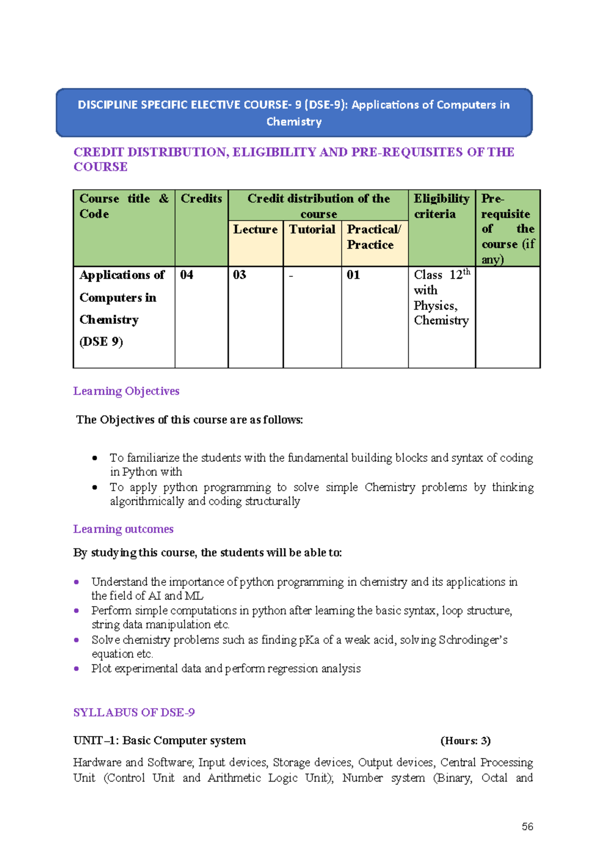DSE 9: Applications of Computers in Chemistry Syllabus and Credits - Studocu