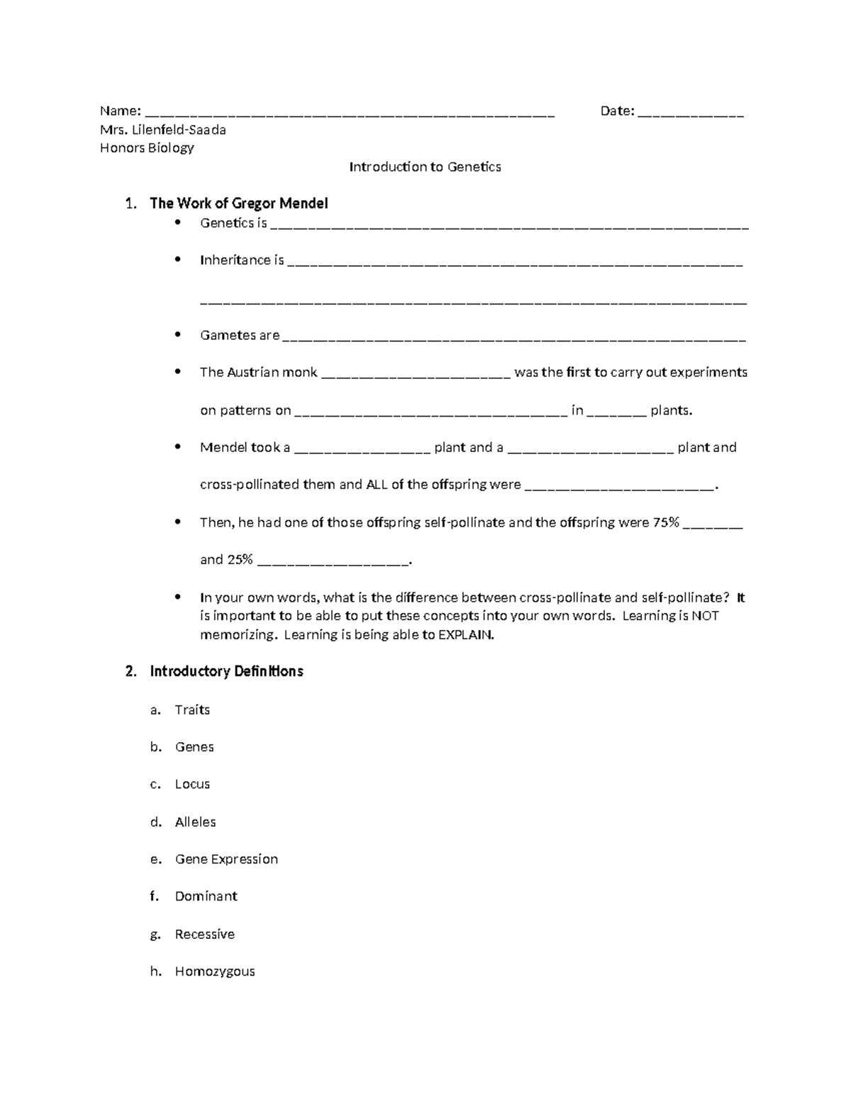 Mrs. Honors Biology Guided Notes 1: Introduction to Genetics - Studocu