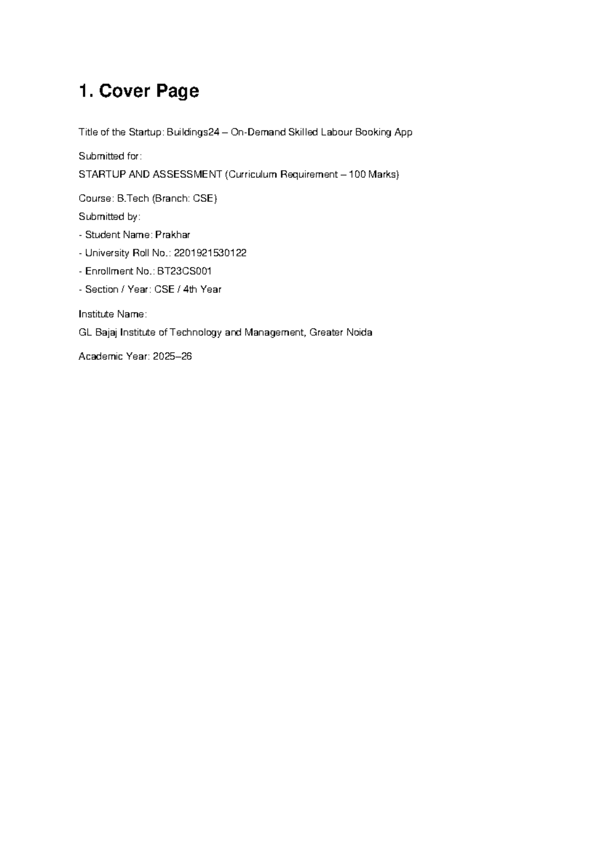 Buildings24 Startup Assessment Report - B.Tech CSE Final Project - Studocu