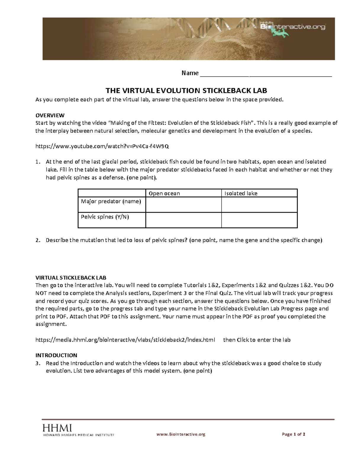 BIO 173 Virtual Lab: Stickleback Evolution Worksheet W24 - Studocu