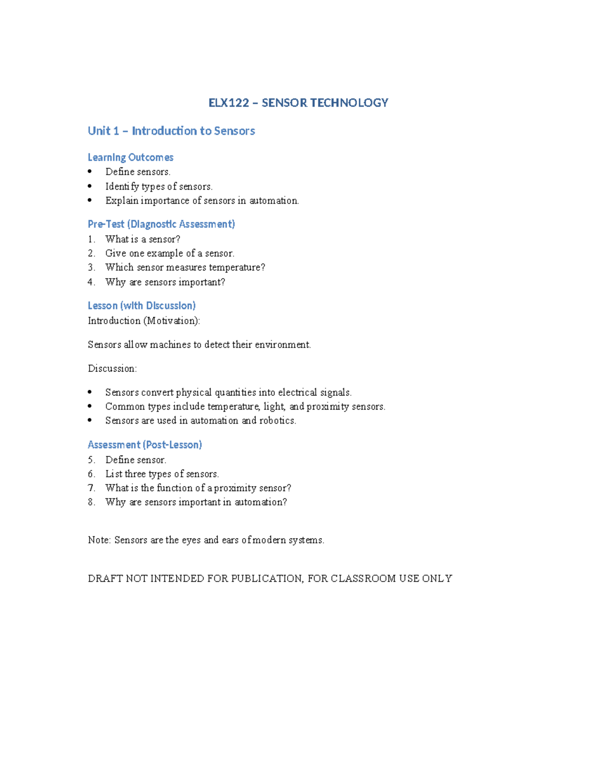 ELX122 Sensor Technology: Unit 1 - Intro to Sensors & Learning Outcomes ...