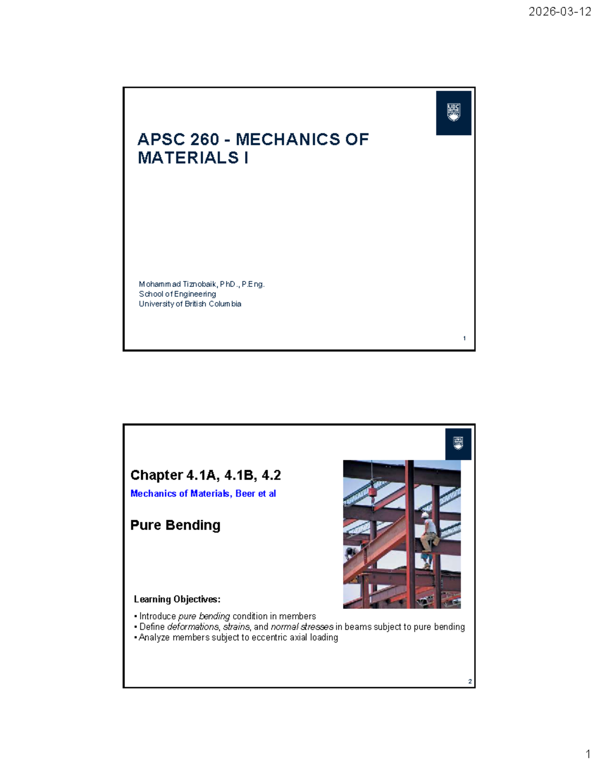 APSC 260 Mechanics of Materials I: Chapter 4 Pure Bending Notes - Studocu