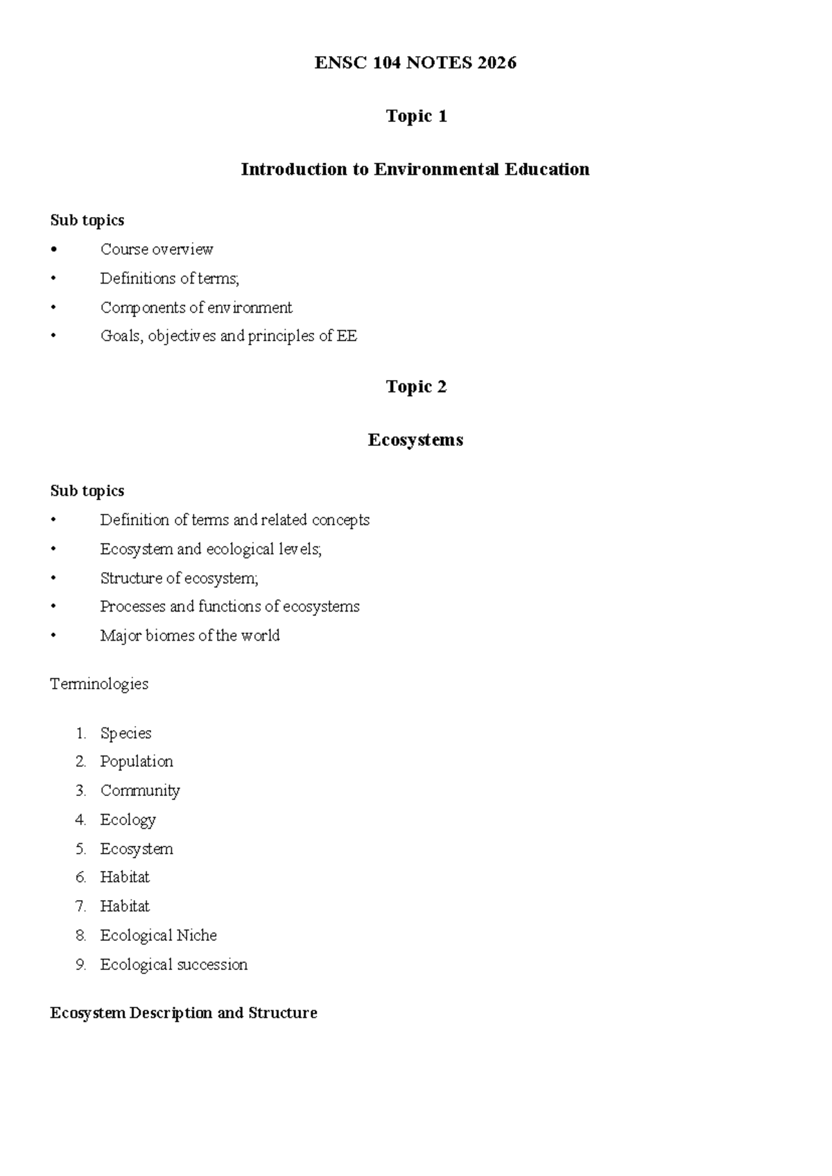 ENSC 104 Notes 2026: Introduction to Environmental Education and ...