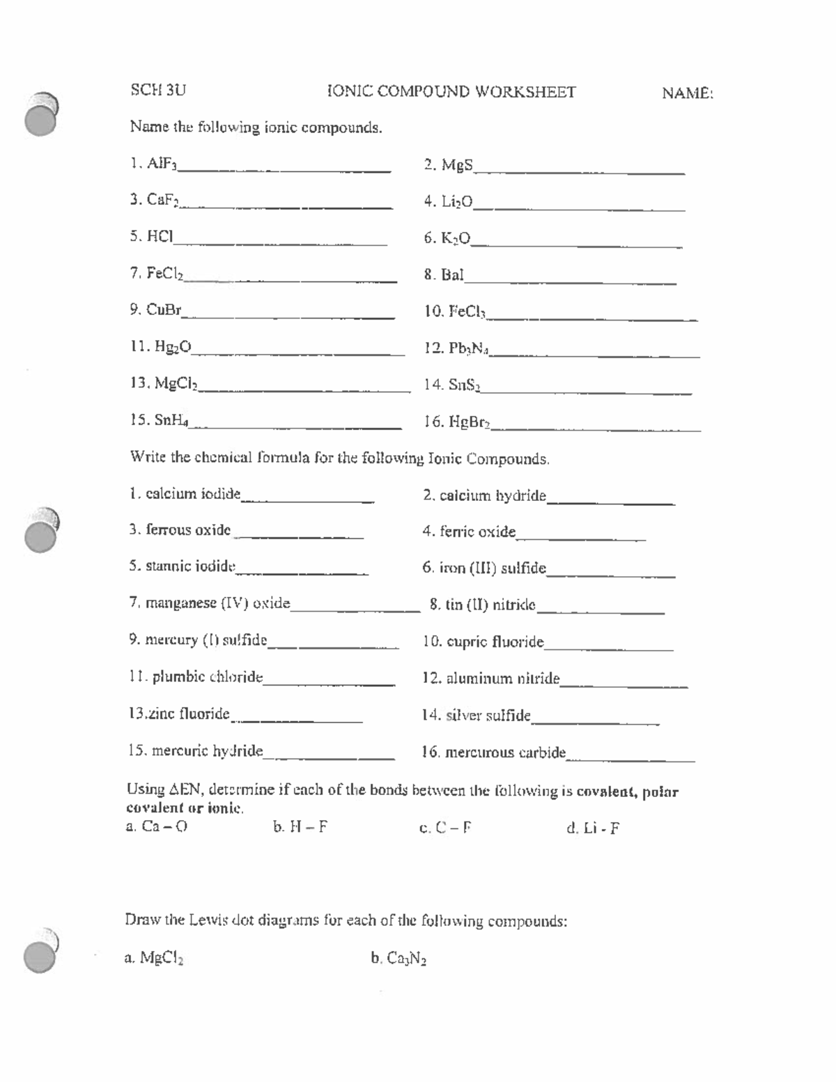 SCH 3U Ionic Compounds Worksheet: Naming & Formulas Practice - Studocu