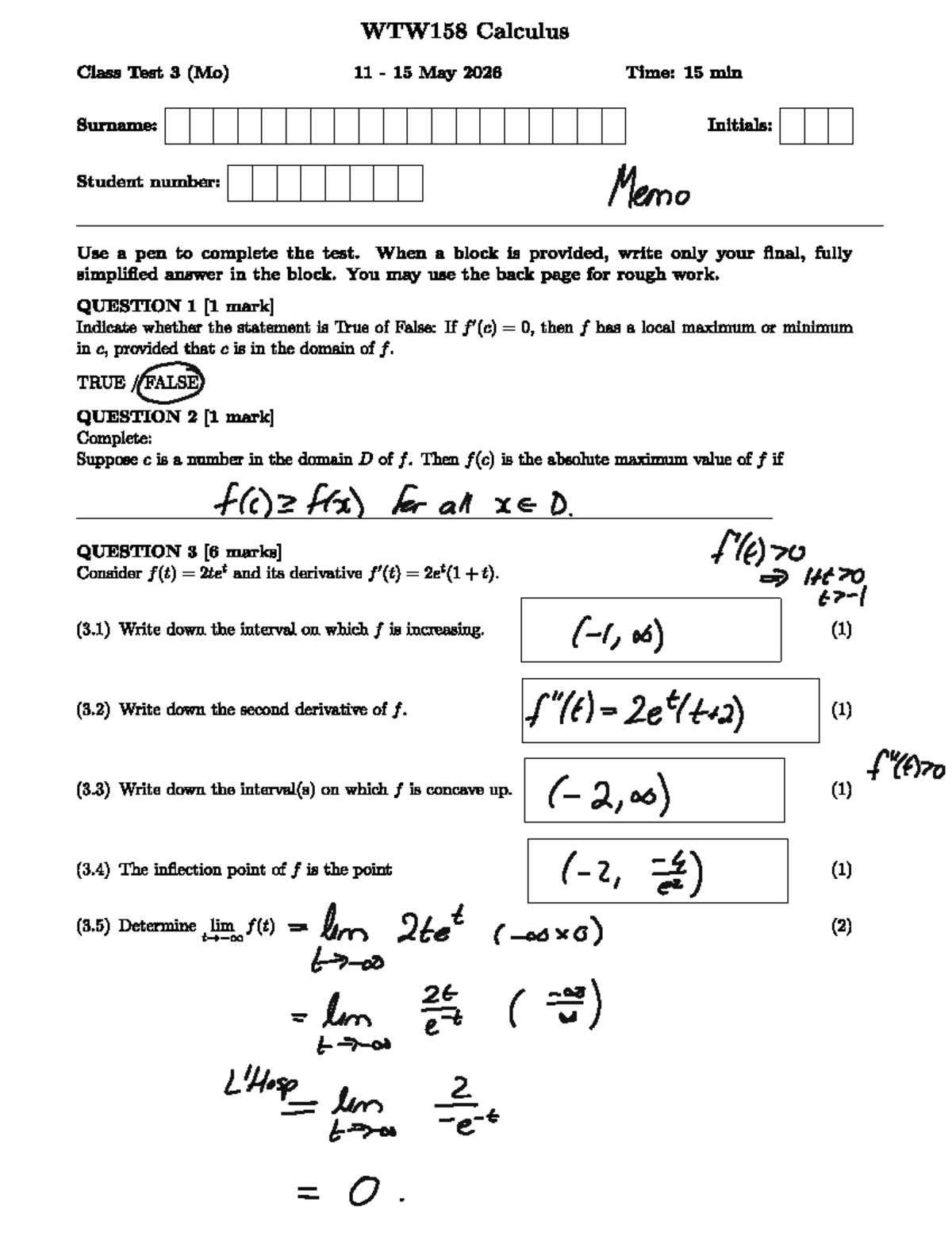 Tut Test 3 Memo - Tutorial Work Review - Studocu