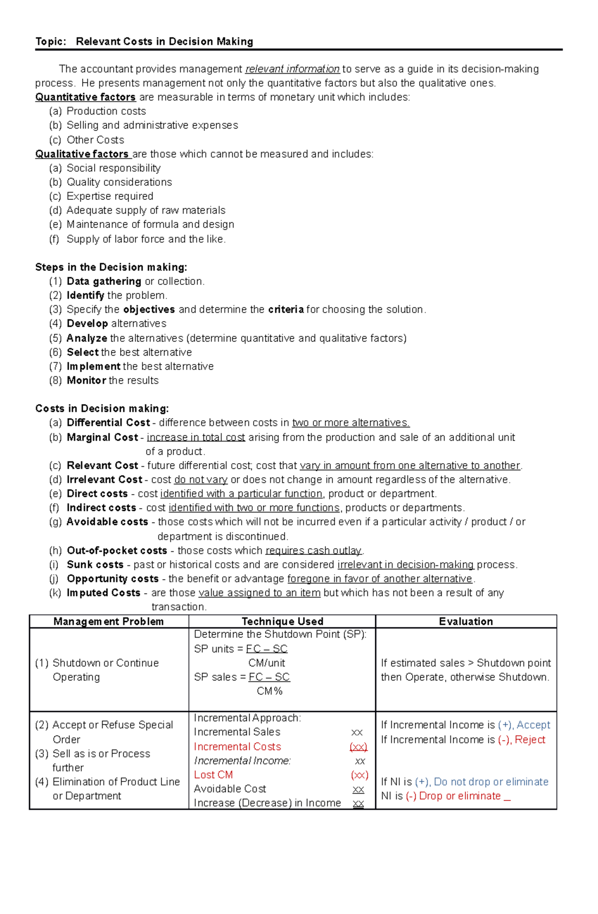 M6 Relevant Costing - Key Concepts and Decision-Making Steps - Studocu