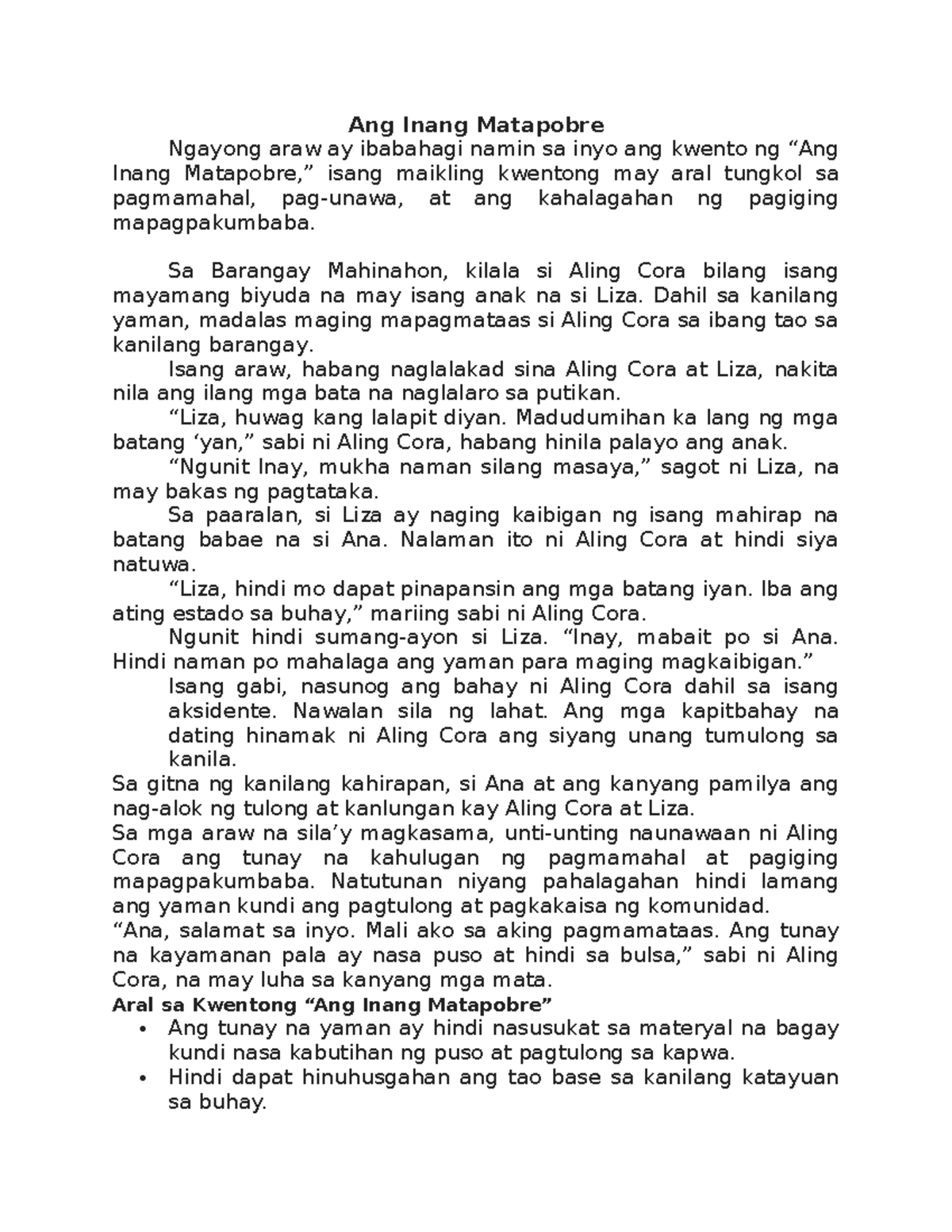 Maikling Kwento: Aral mula sa "Ang Inang Matapobre" - Studocu