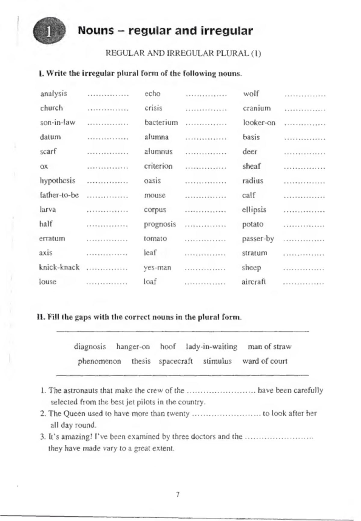 Regular and Irregular Nouns Exercise for English Language Learners ...