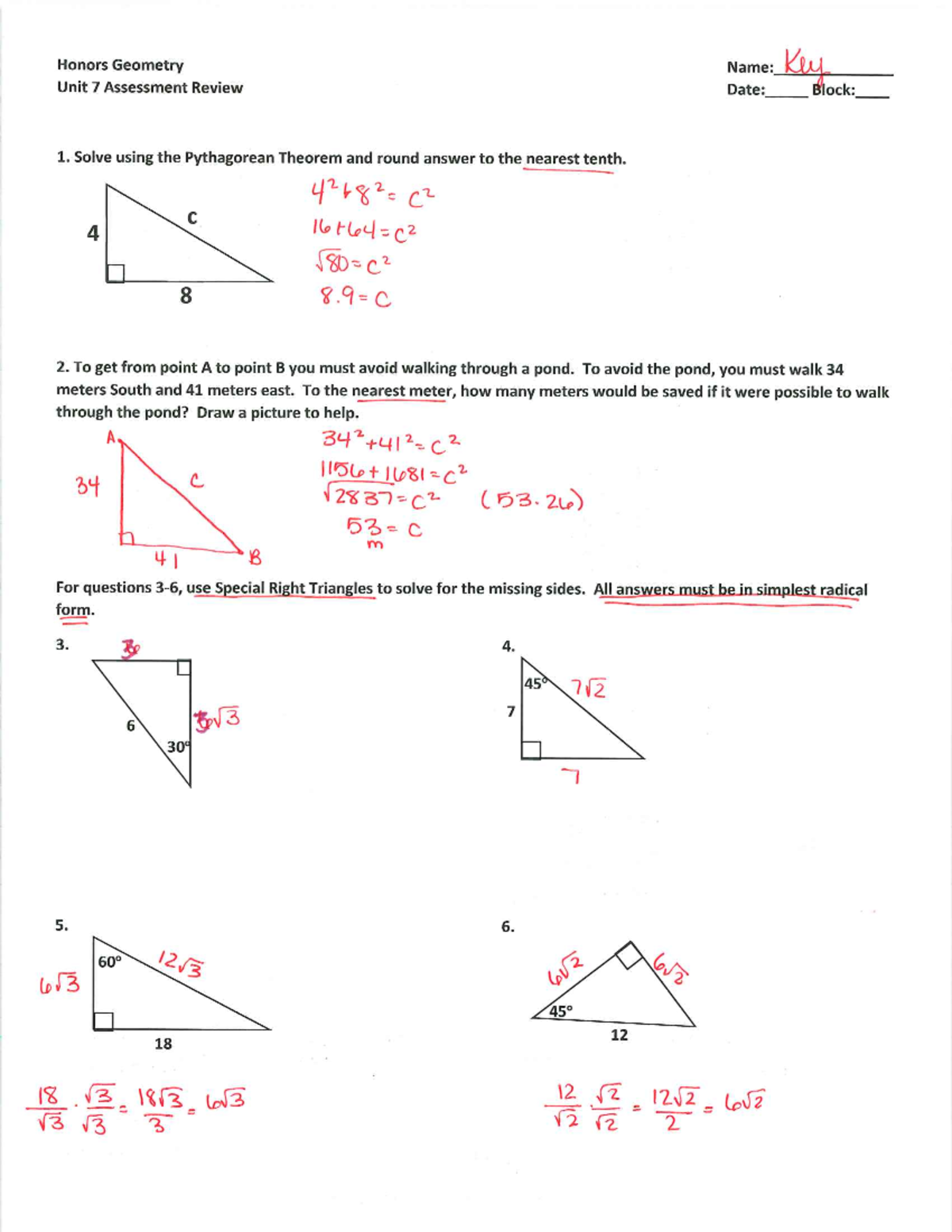 Geometry Review Unit 7 - Honors Geometry Name: Key Unit 7 Assessment ...