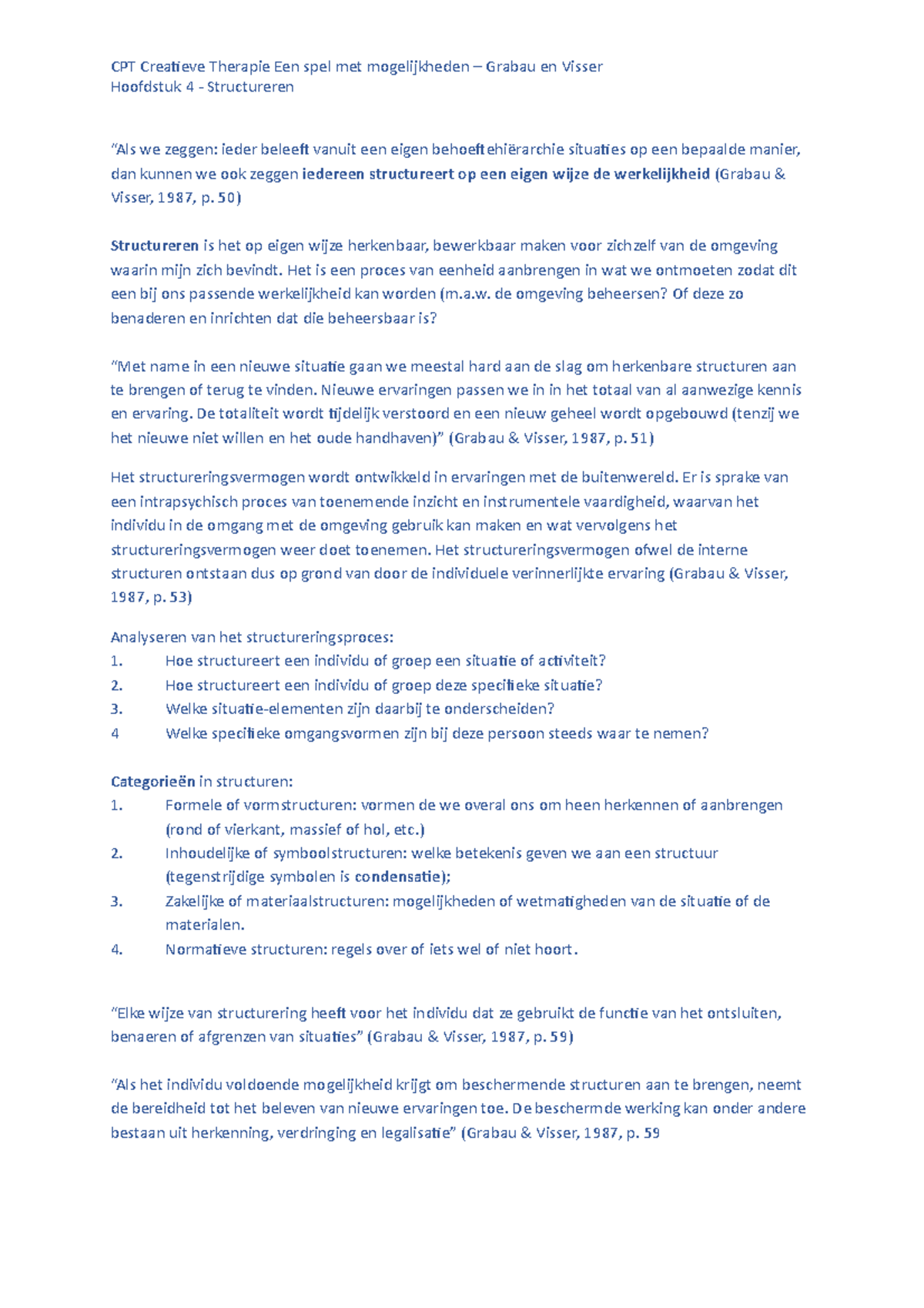 4. Structureren - samenvatting Hoofdstuk 4 Creatieve Therapie Spelen ...
