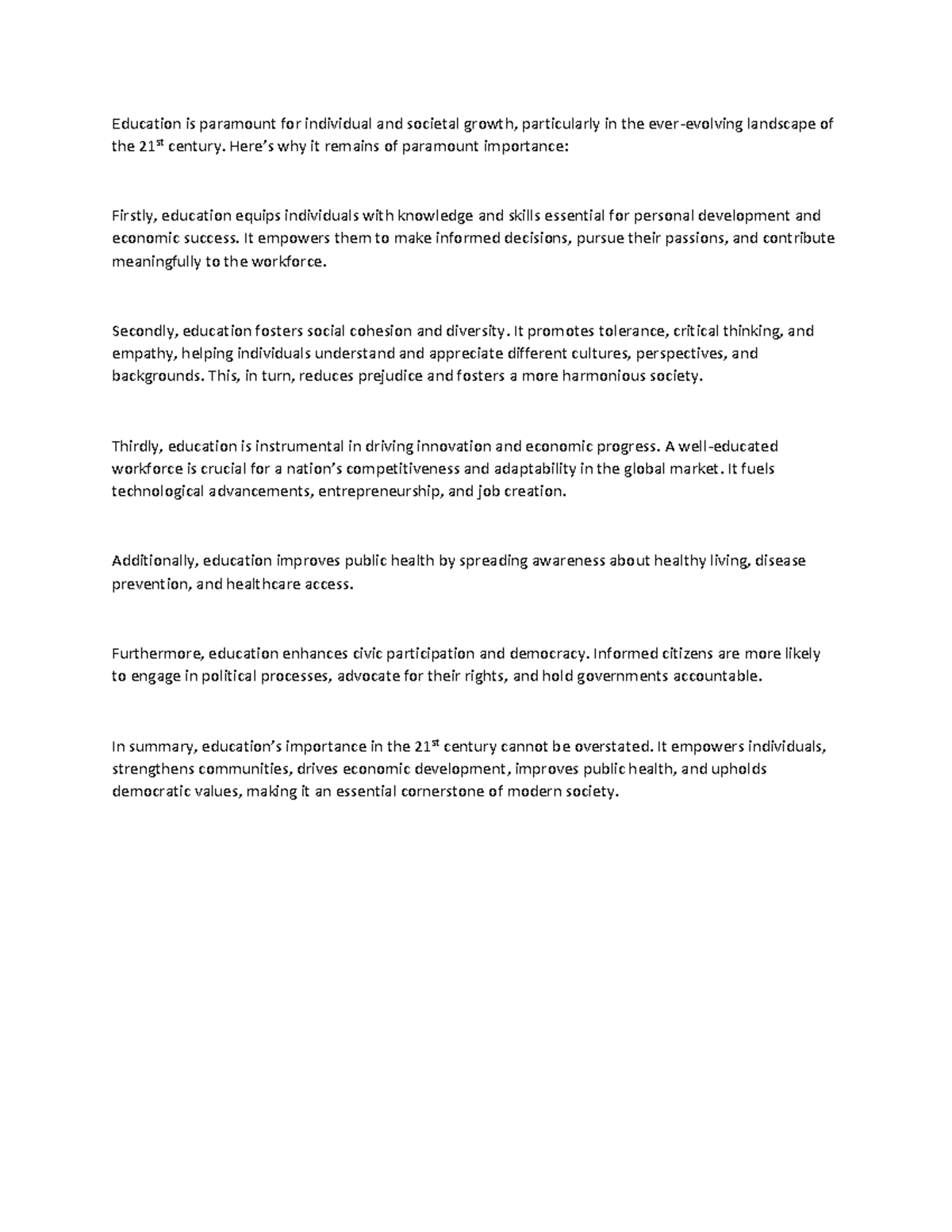 Document (17) - Short summary on the importance of education ...