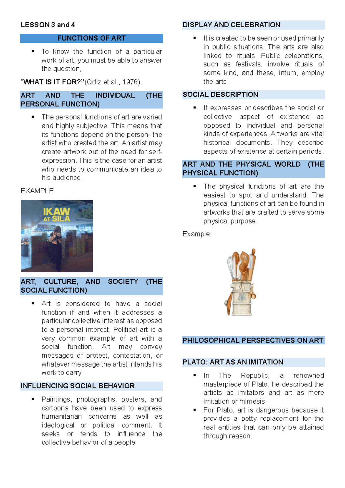 LESSON 3 & 4: FUNCTIONS OF ART IN PHILIPPINE CULTURE - Studocu
