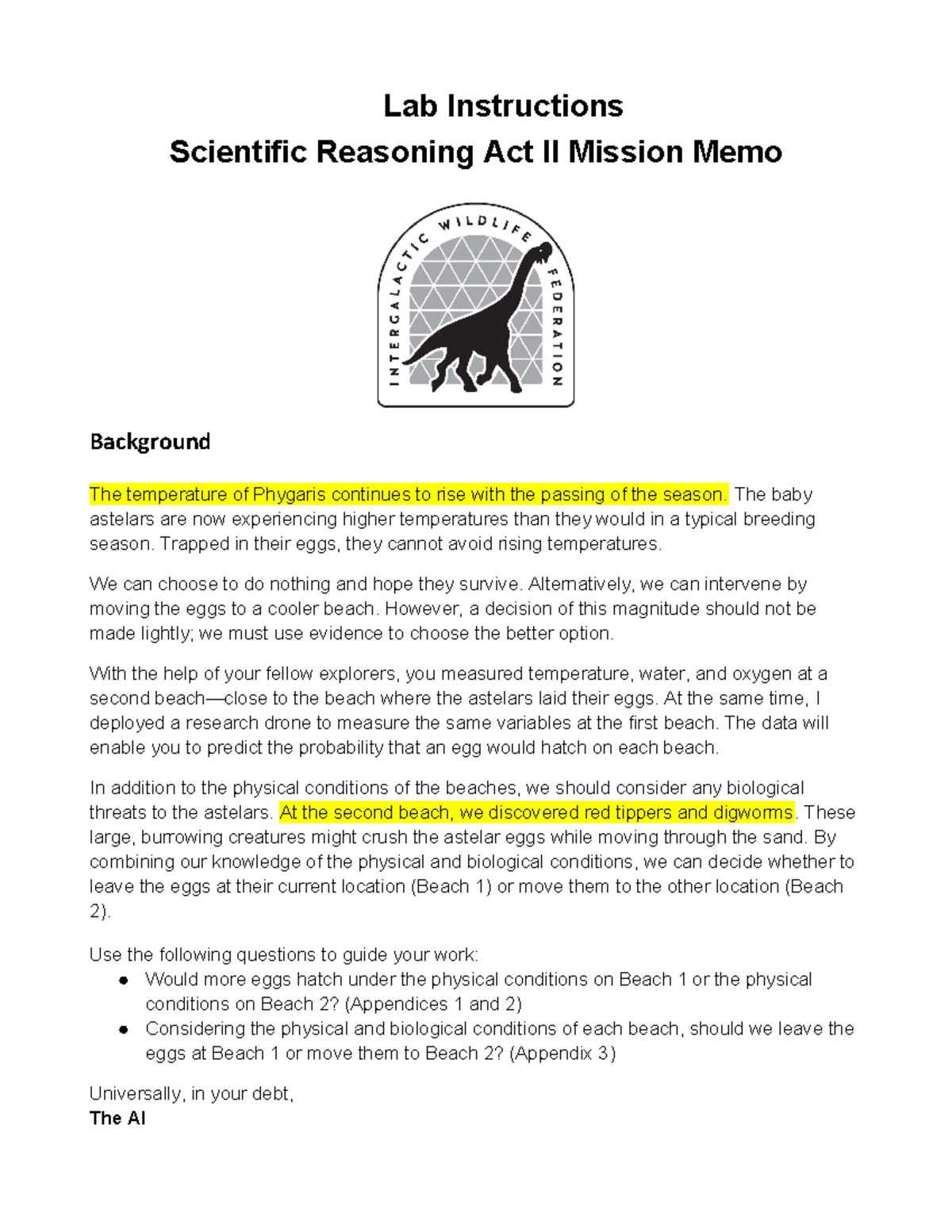 ACT II - Scientific Reasoning Lab Instructions: Mission Memo (Summer A ...