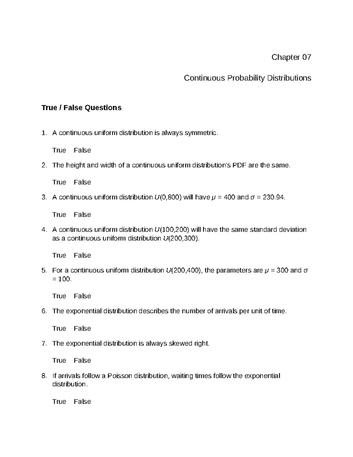 Chapter 07: Continuous Probability Distributions - True/False & MCQs ...