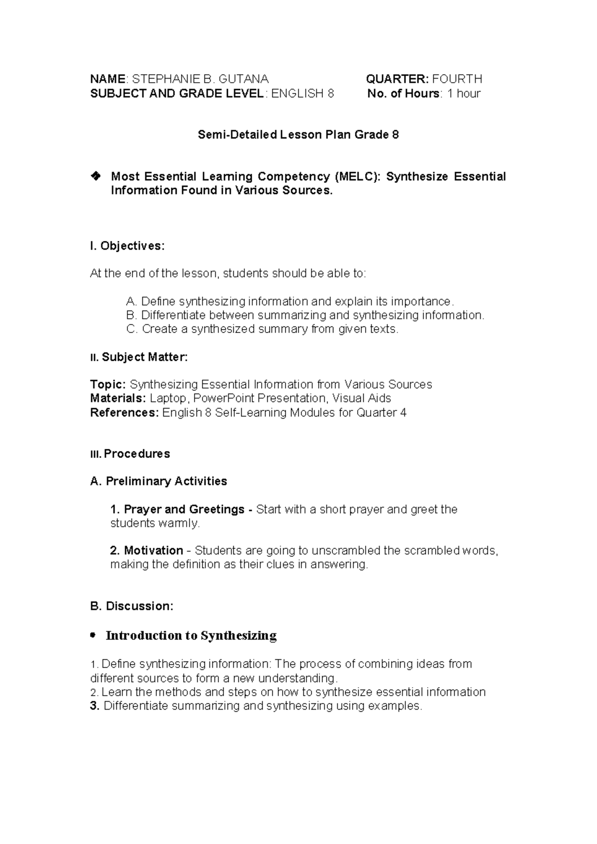 ENGLISH 8 Lesson Plan: Synthesizing Essential Information - Studocu