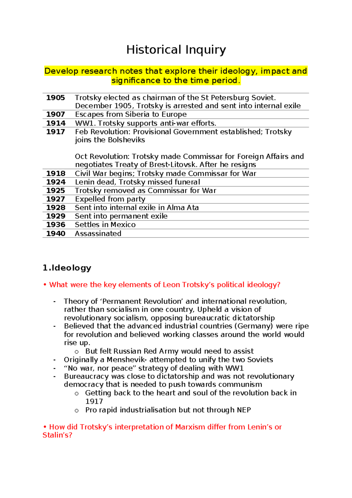 Historical Inquiry Leon Trotsky - Historical Inquiry Develop research ...