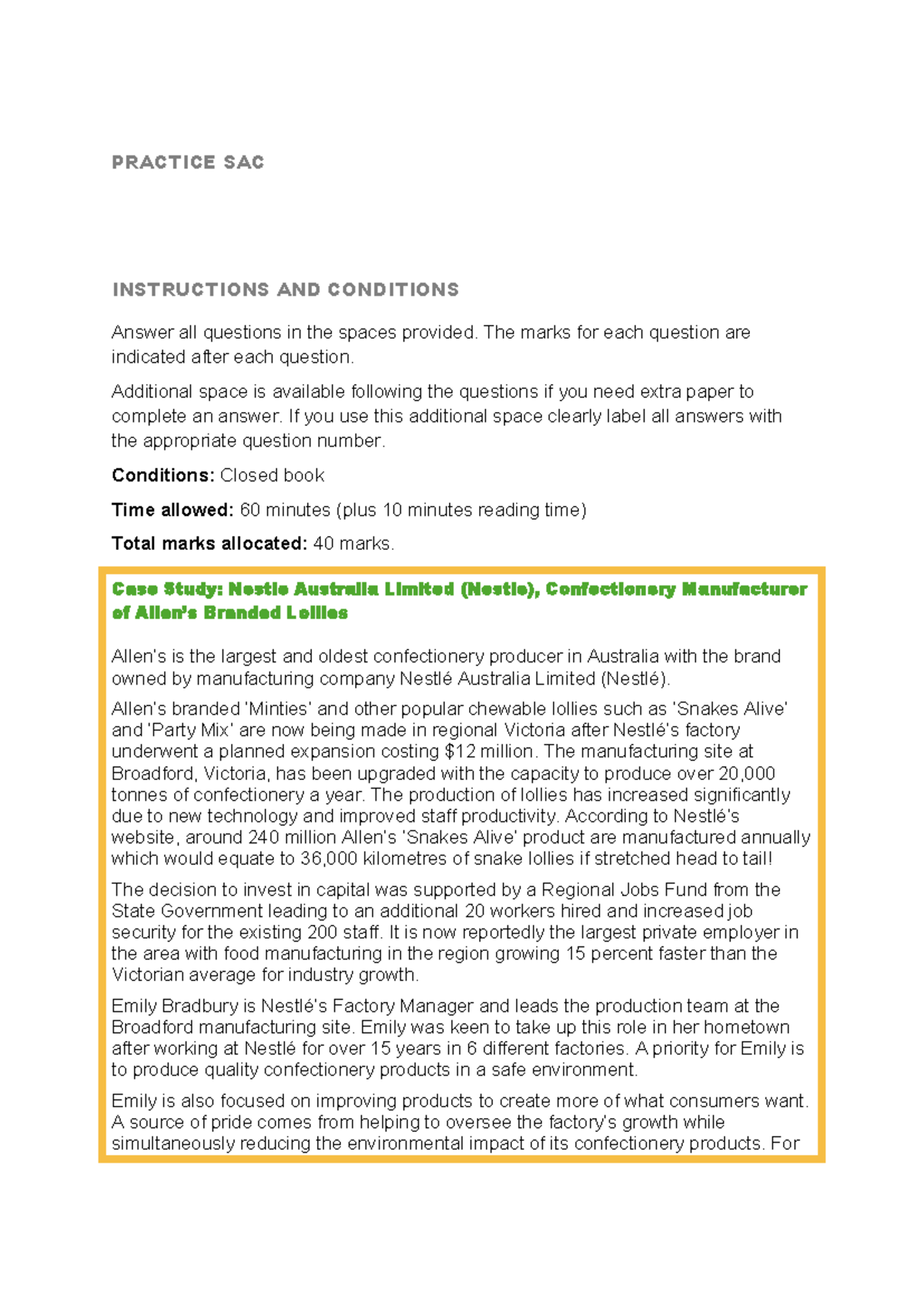 PRACTICE SAC INSTRUCTIONS & CASE STUDY: Nestlé Australia Limited - Studocu