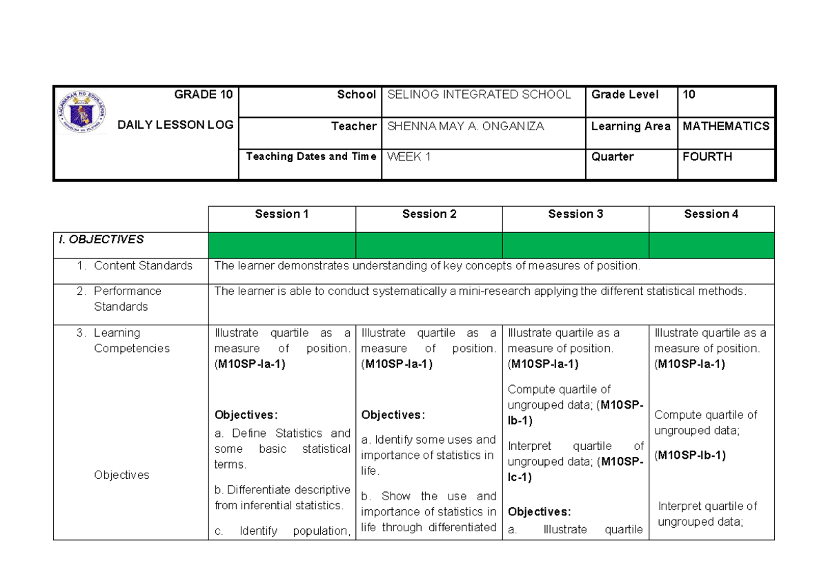 G10 DLL Fourth- Quarter - GRADE 10 DAILY LESSON LOG School SELINOG INTEGRATED SCHOOL Grade Level ...