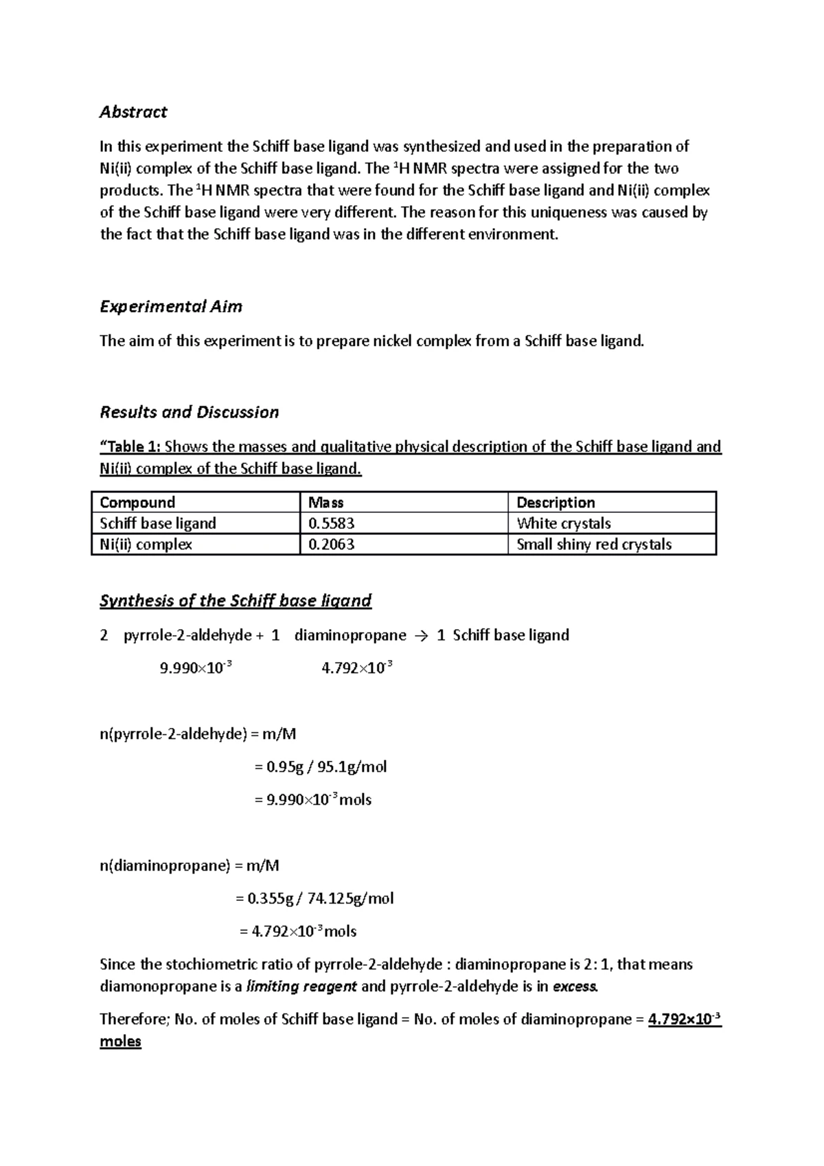 Experiment 3 CHEM 210 - Experiment 3 – The synthesis and ...