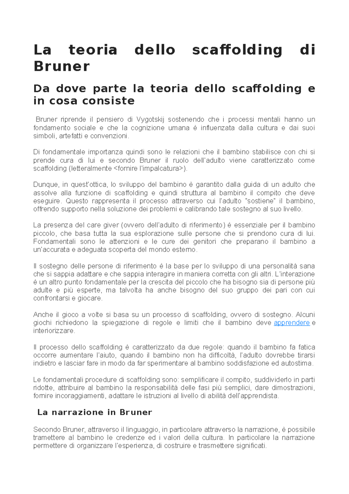 La teoria dello scaffolding di Bruner: Fondamenti e Applicazioni - Studocu