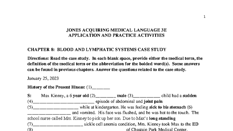 JONES MEDICAL LANGUAGE 3E CH 8 CASE STUDY: BLOOD & LYMPHATIC SYSTEM ...