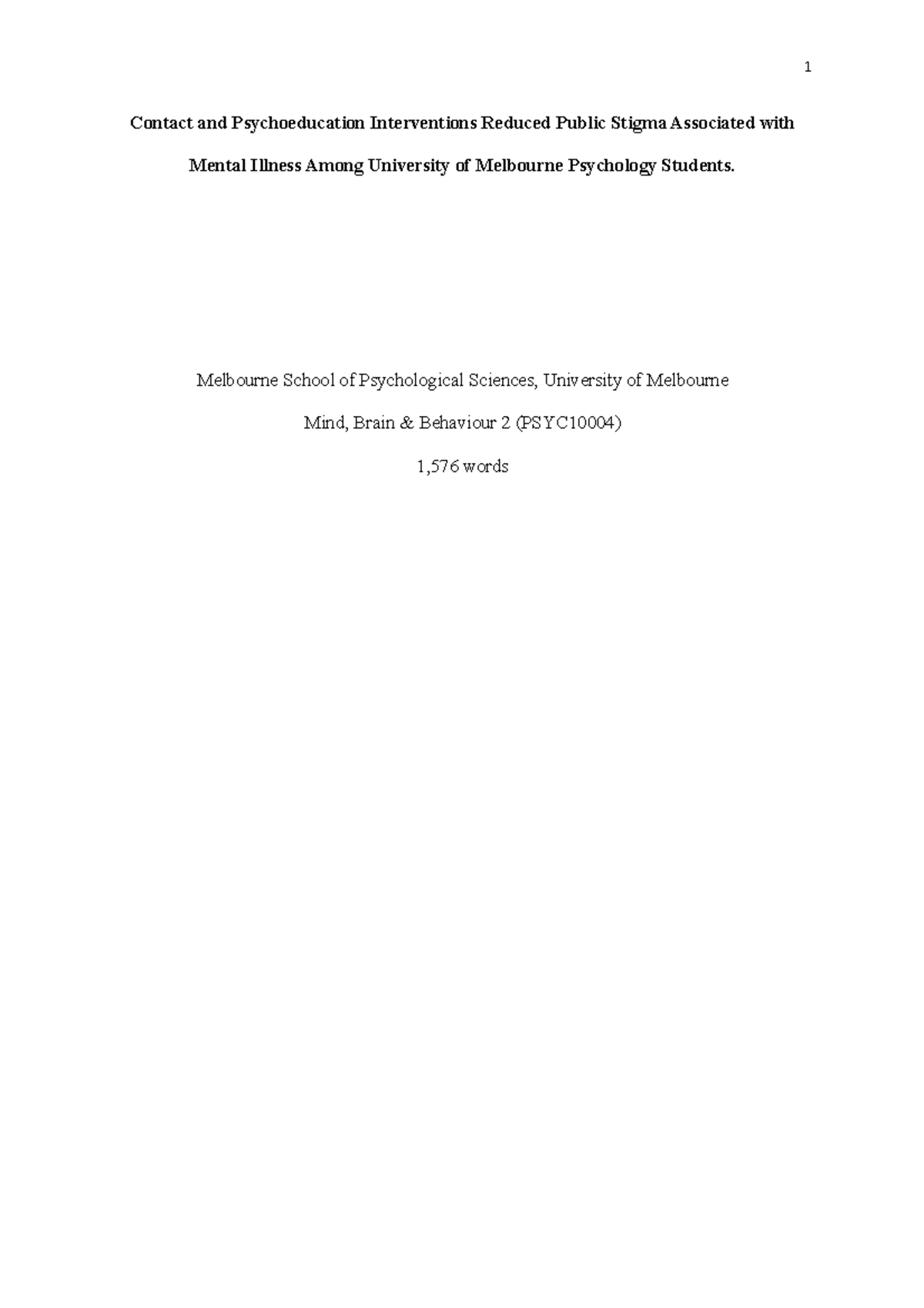Psychology - Assignment 1 - Contact and Psychoeducation Interventions ...
