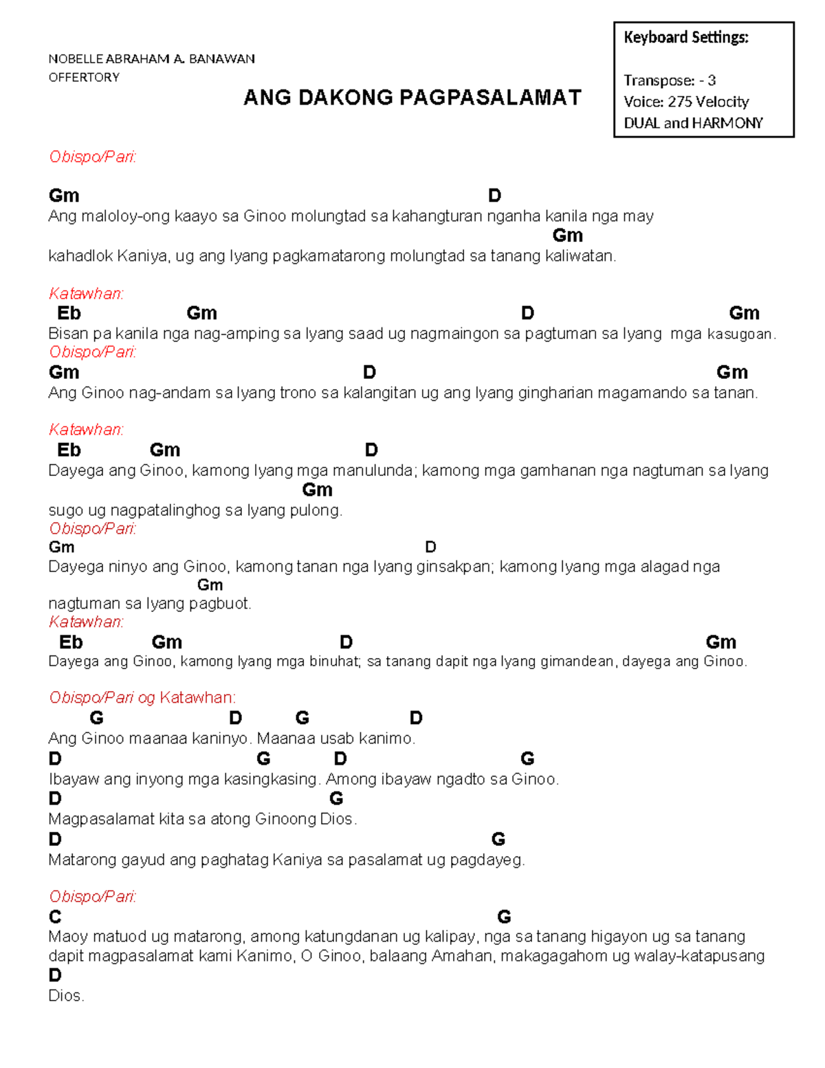 Offertory Lecture Notes: Keyboard Settings & Worship Songs Analysis ...