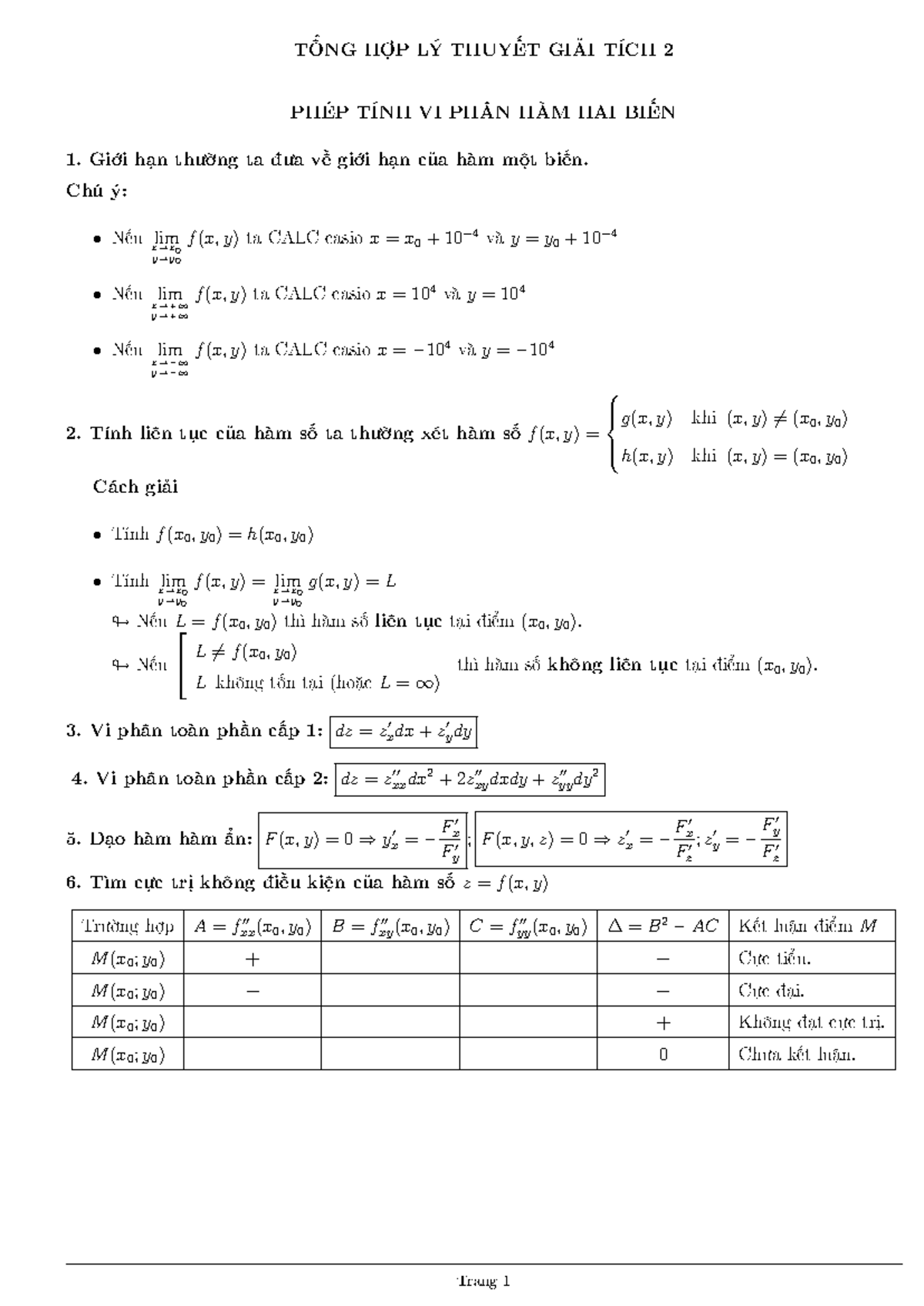 Tóm tắt lý thuyết ôn thi giữa kỳ - TÊNG HÑP LÞ THUY T GI I T CH 2 PH P T NH VI PH N H M HAI BI N ...