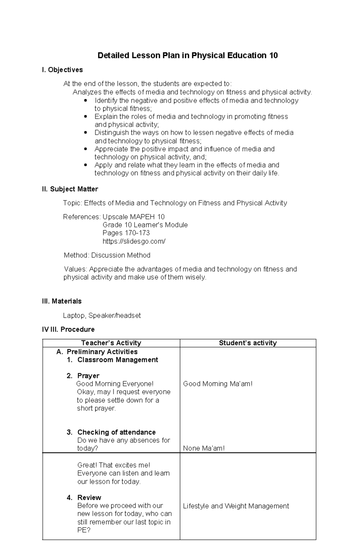 PE10 Lesson Plan: Media and Tech's Impact on Fitness & Activity - Studocu