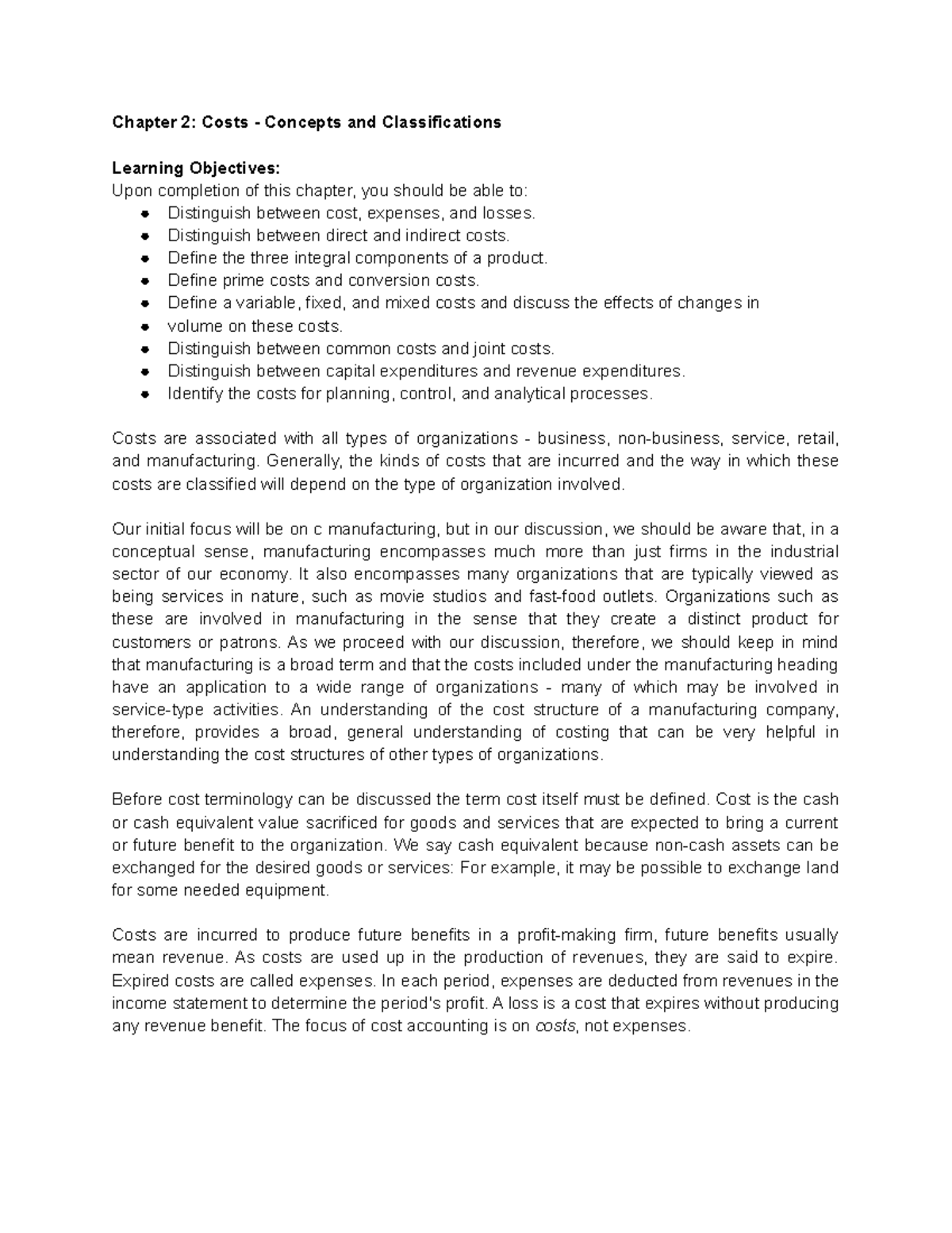 Chapter 2: Understanding Cost Concepts & Classifications - Studocu