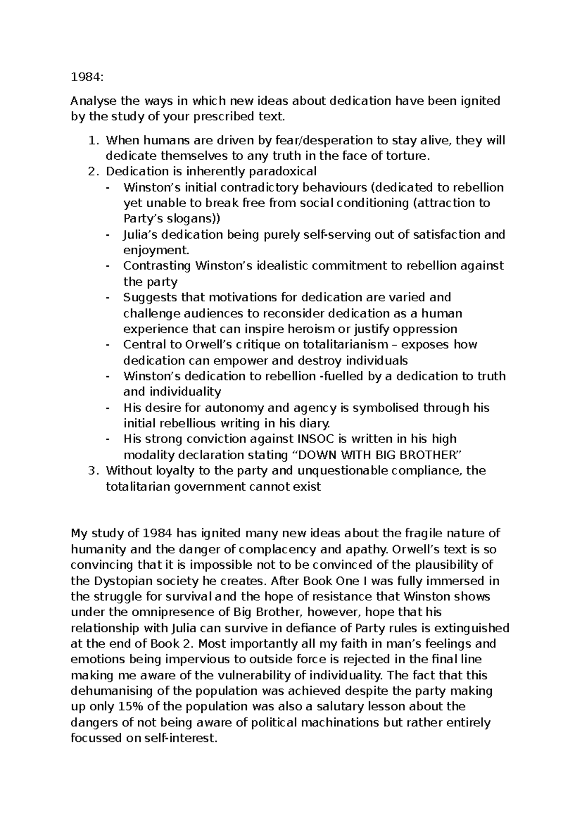 1984: Essay Plan on Dedication and Totalitarianism Analysis - Studocu