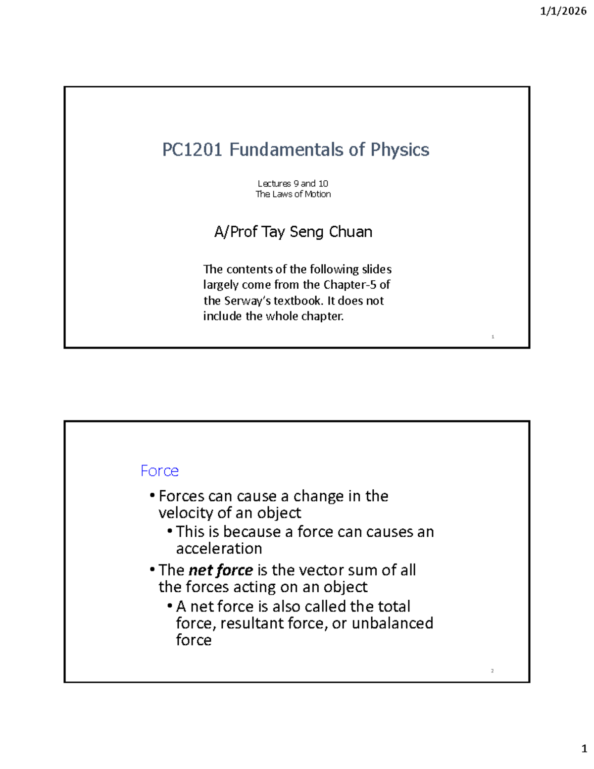 PC1201 Physics Lecture Notes: Laws of Motion (Ch. 5) - Studocu