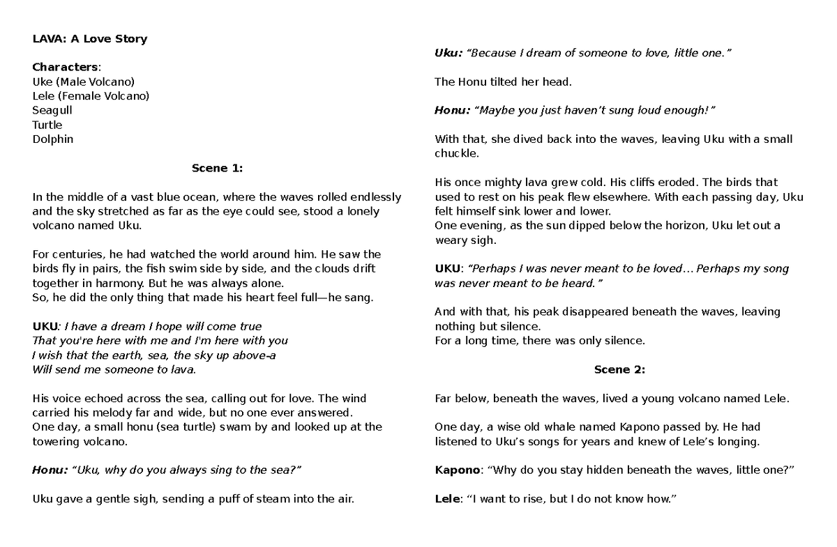 LAVA: A love story script for Uku and Lele's journey - Studocu