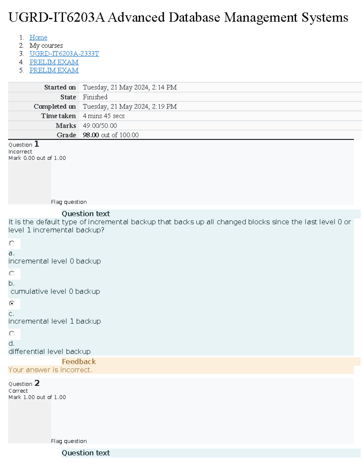 **UGRD-IT6203A Advanced Database Management Systems - Prelim Exam Answer Key** - Studocu
