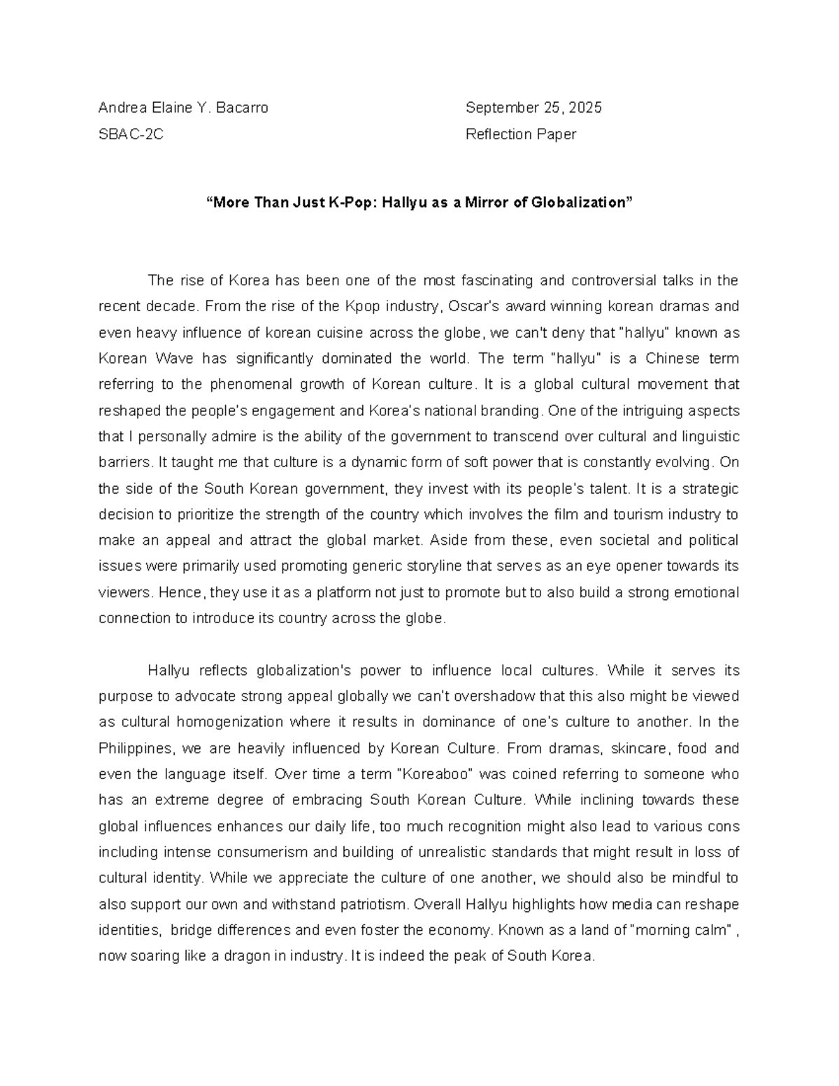 Reflection Paper on Hallyu: Cultural Impact and Identity - Bacarro ...