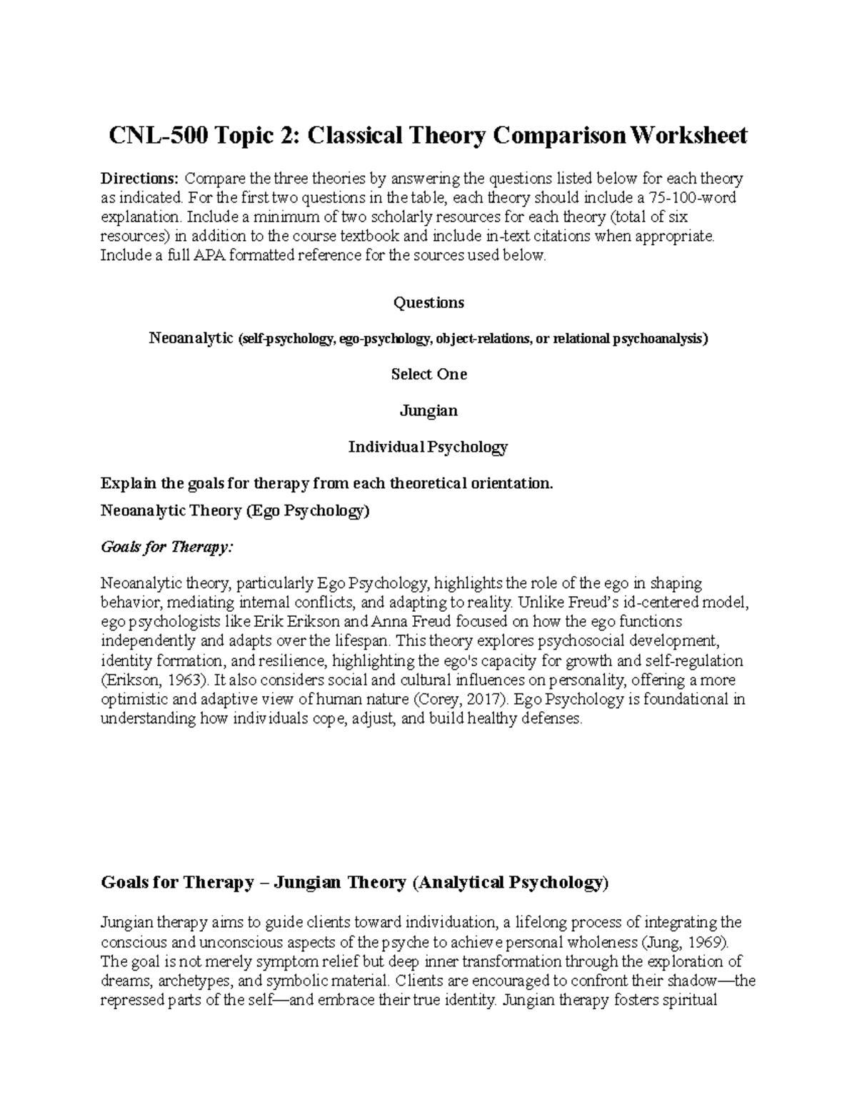 Class PSY 301: Comparison of Classical Theories in Psychology Worksheet ...