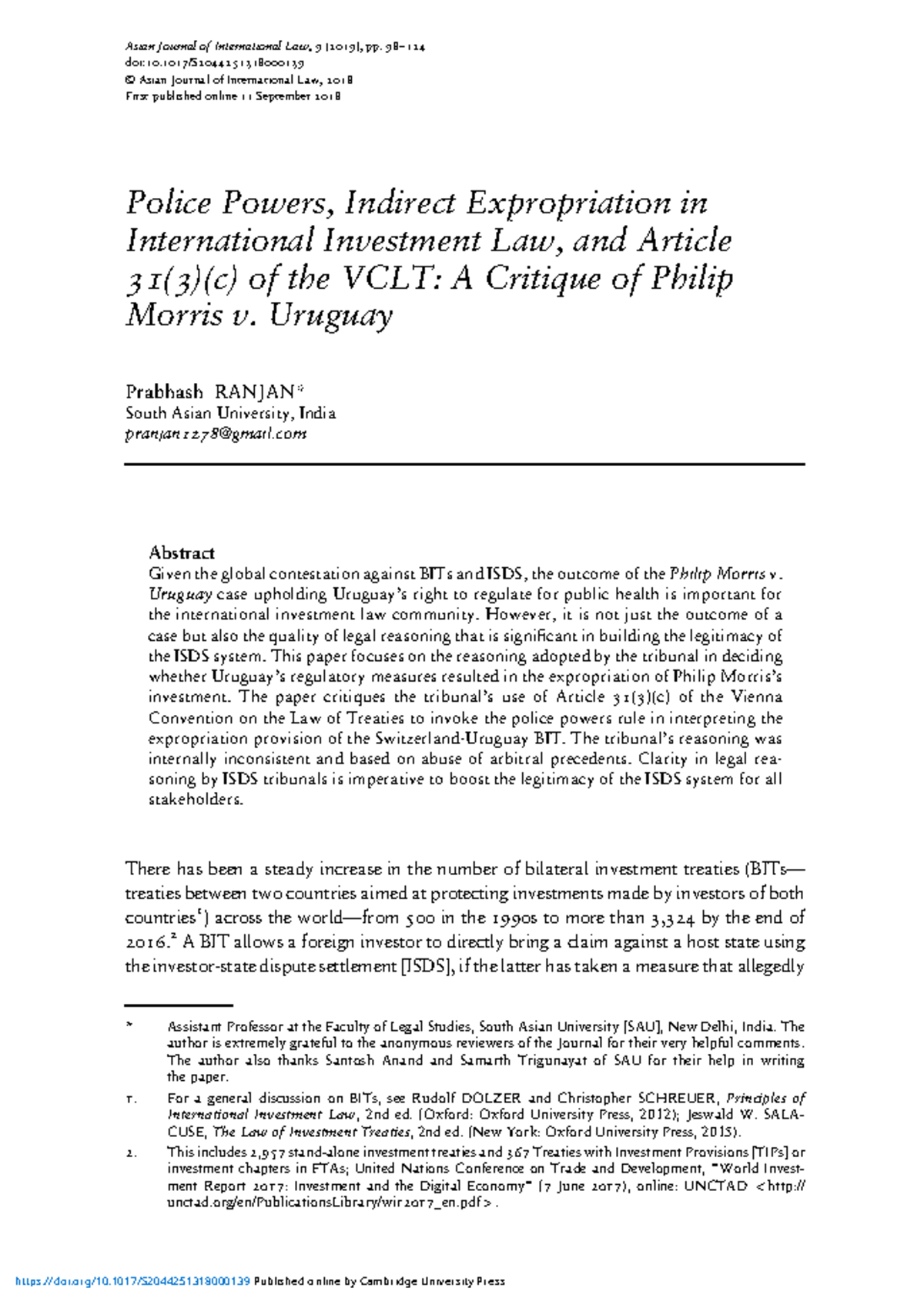 Police Powers and Indirect Expropriation in International Investment ...