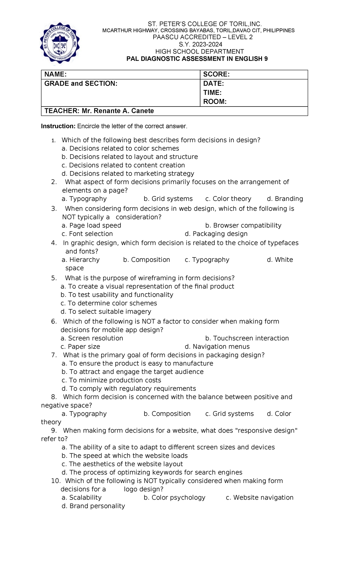 PAL-5 Diagnostic Assessment in English 9: Form Decisions in Design ...