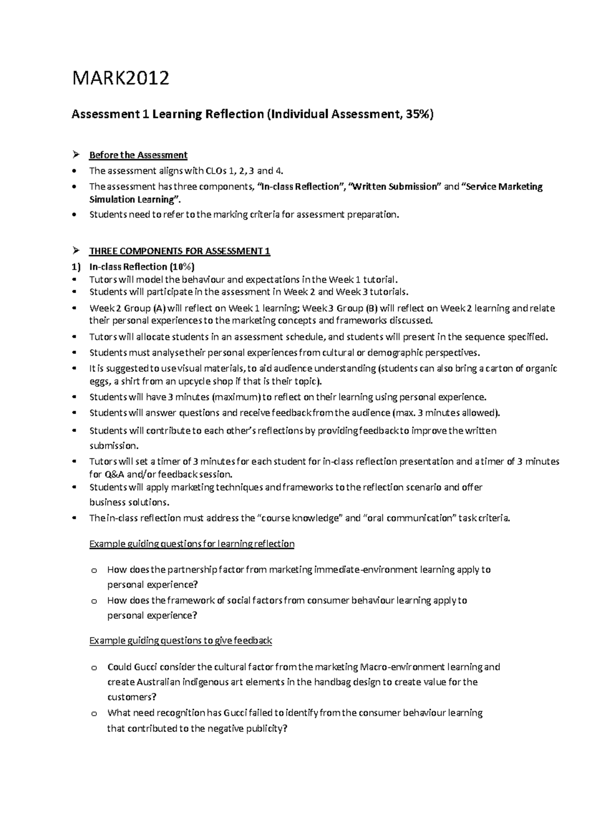 MARK2012 Assessment 1: Learning Reflection Guidelines and Criteria ...