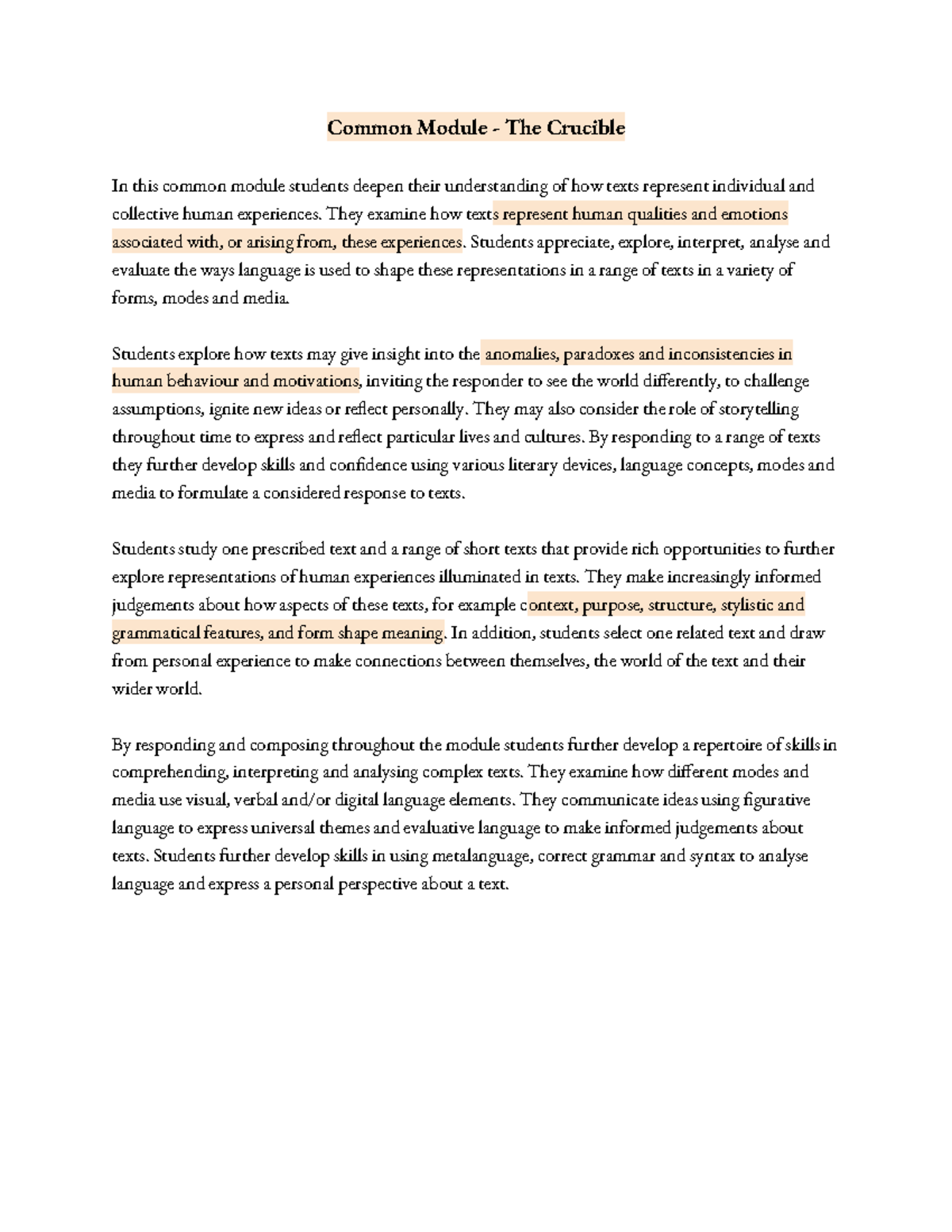 EA - Common Module: Exploring Human Experiences in The Crucible - Studocu