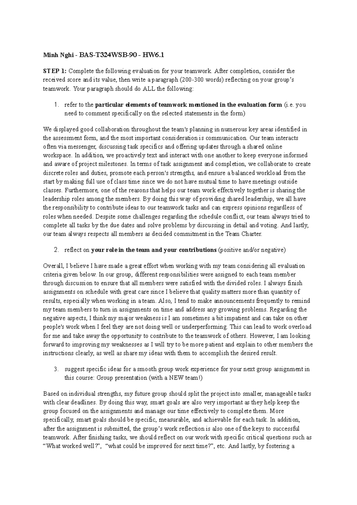 HW6.1 Teamwork Evaluation and Reflection in Business Skills - Studocu