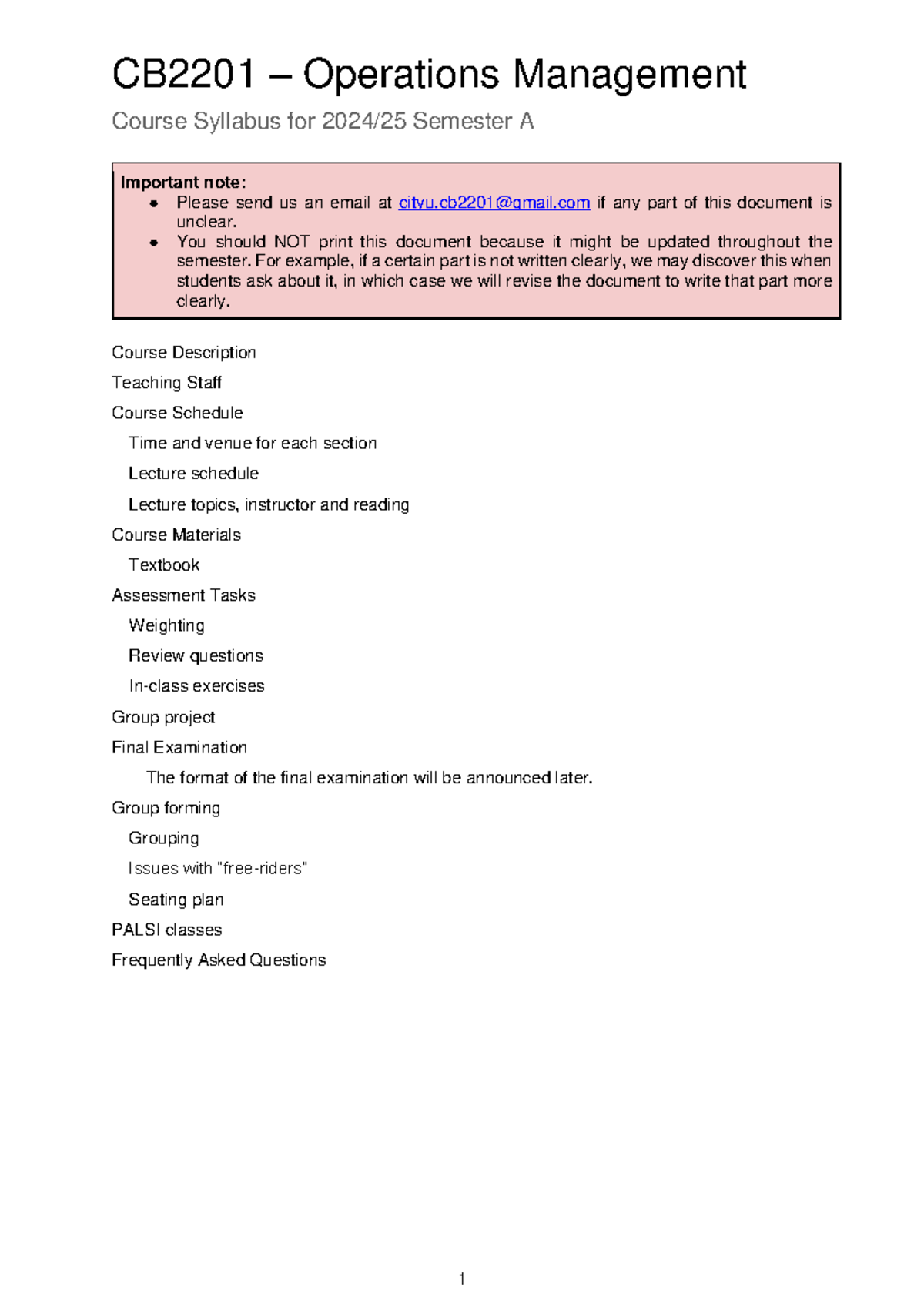 CB2201 Operations Management Course Outline for Semester A 2024-25 - Studocu