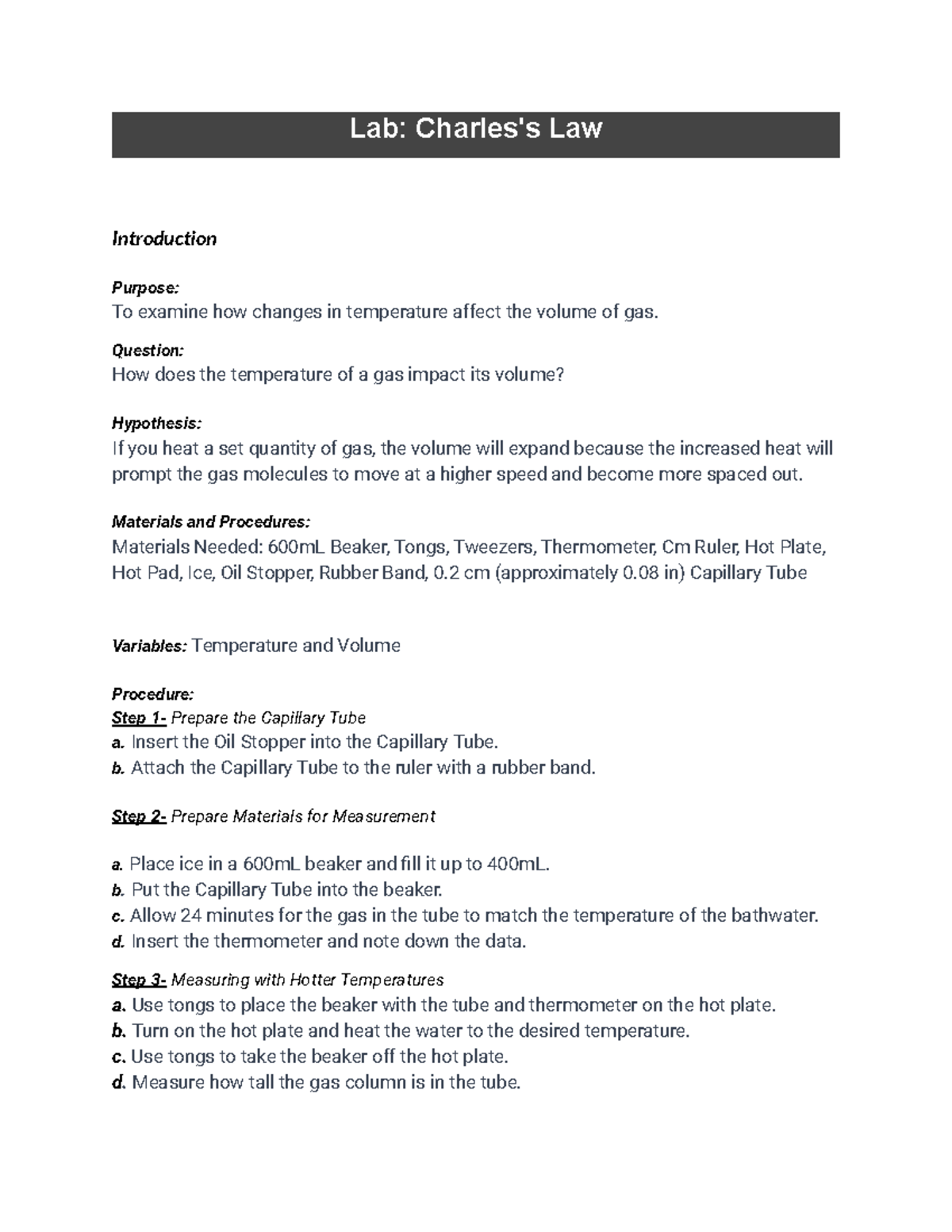 Lab Report: Exploring Charles's Law (Gas Volume & Temperature) - Studocu
