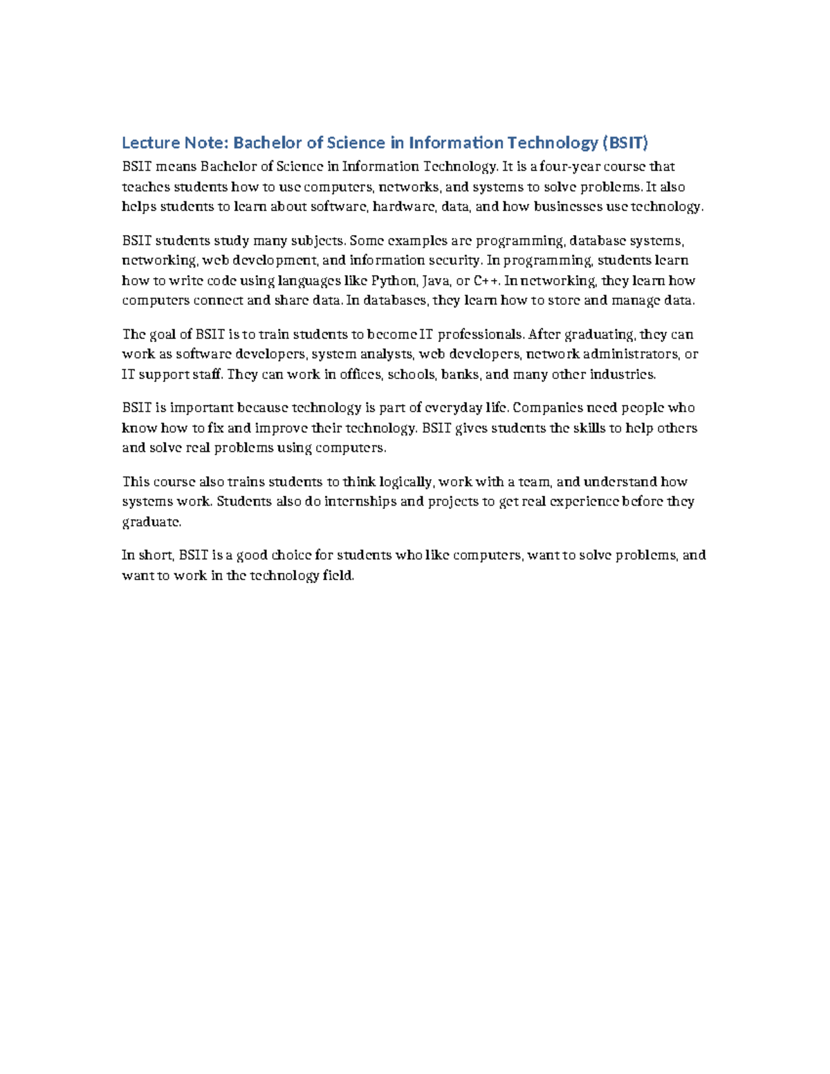 BSIT Lecture Notes: Overview of Information Technology Concepts - Studocu