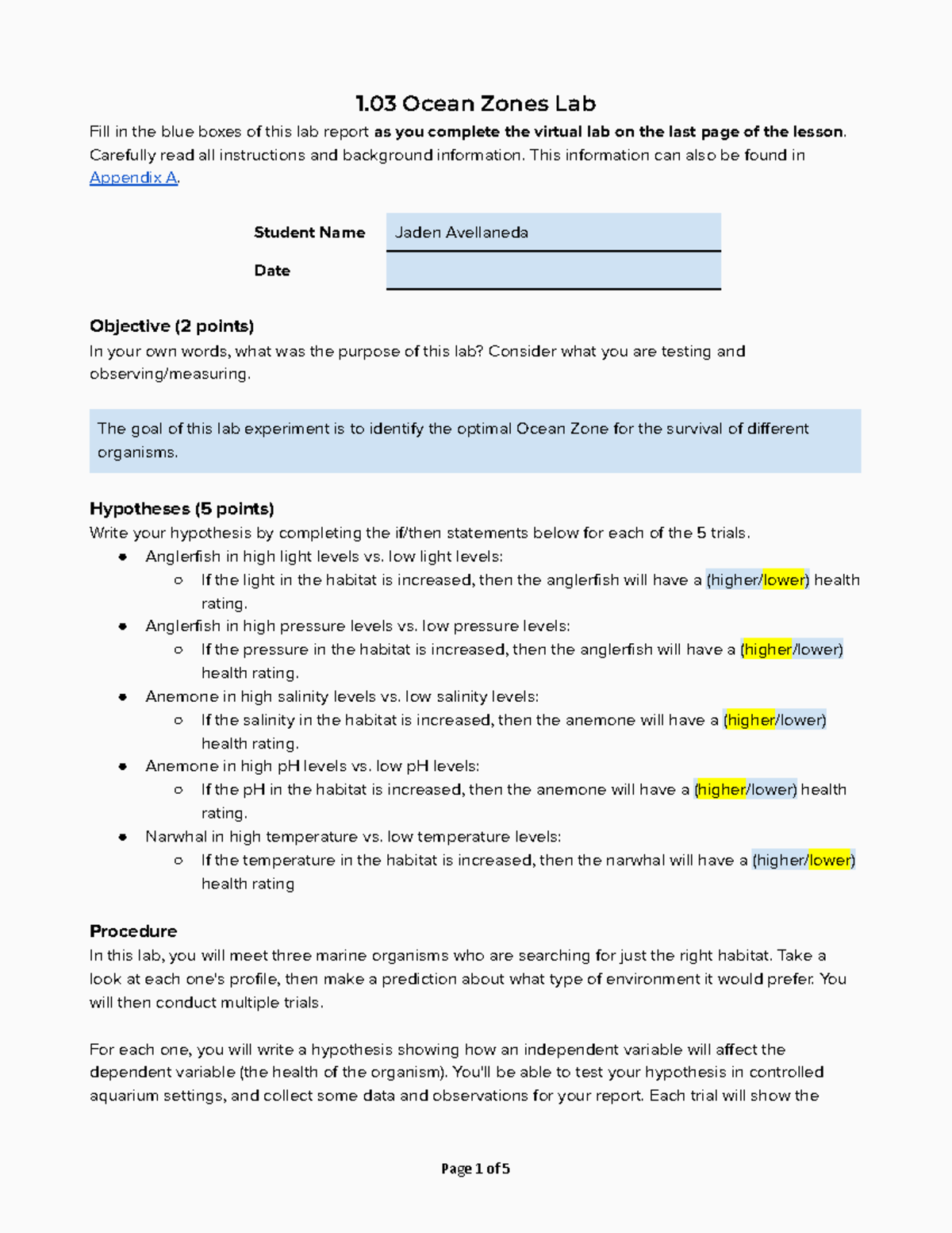 1.03 Ocean Zones Lab Report - 1 Ocean Zones Lab Fill in the blue boxes ...